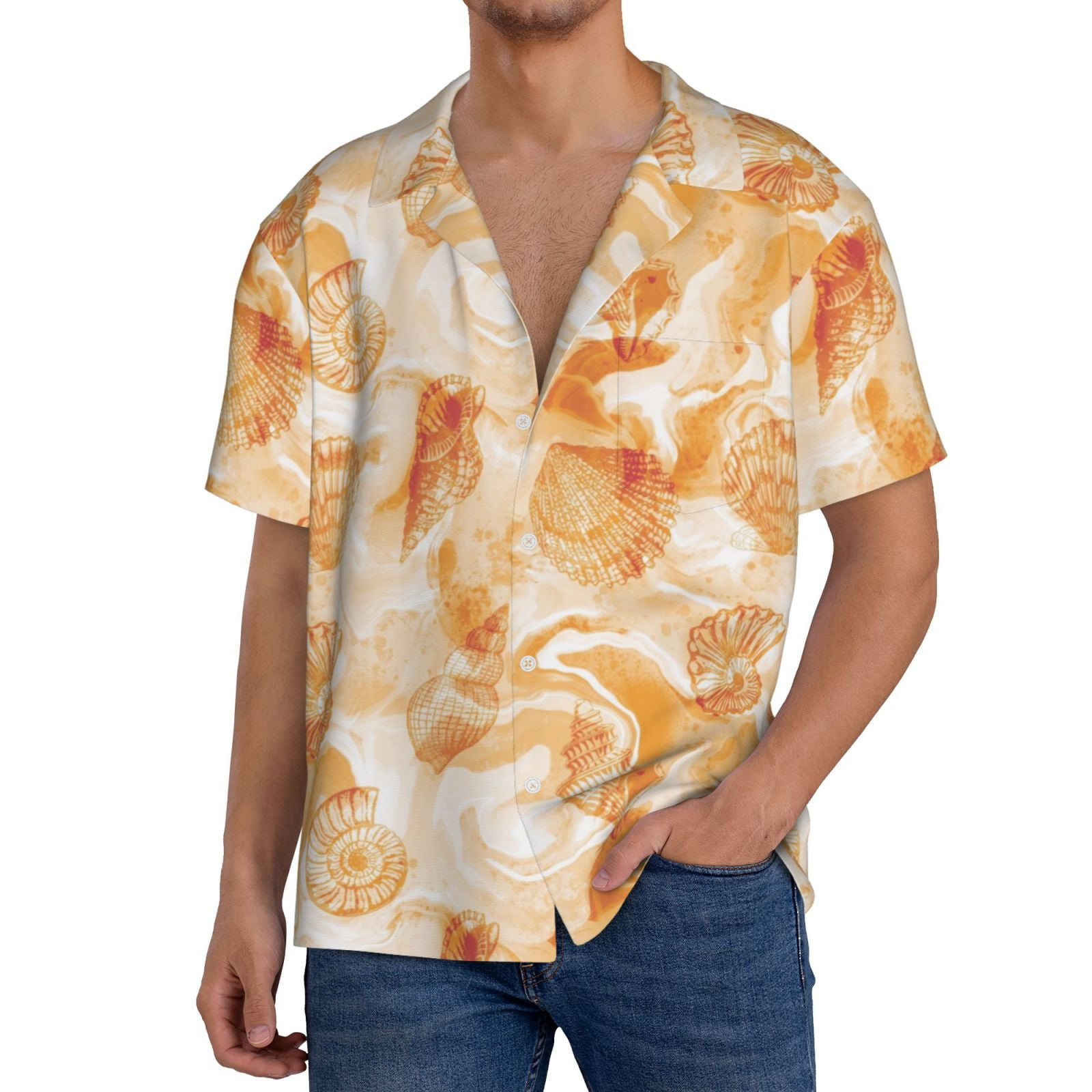 Qokaie Watercolor Sea Shells Print Mens Casual Wrinkle Free Shirts ...