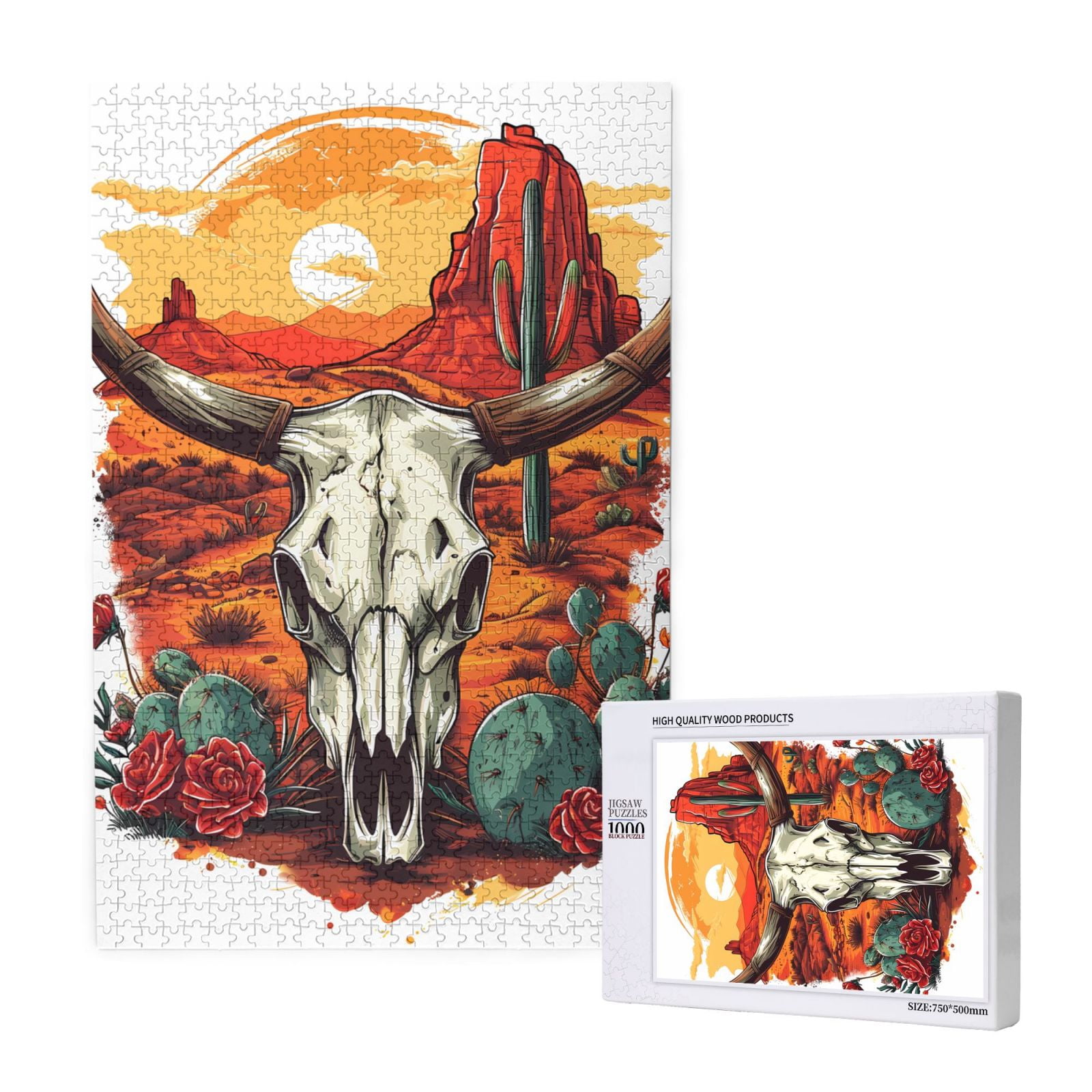 Qokaie Western Desert Cactus Ram Skull Pattern Picture Puzzle,Wooden ...
