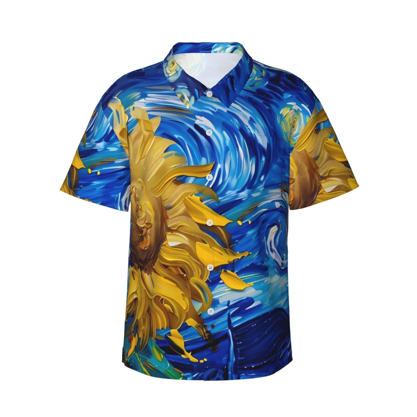 Qokaie Whimsical Sunflowers Night Sky Print Men’s Hawaiian Shirt ...