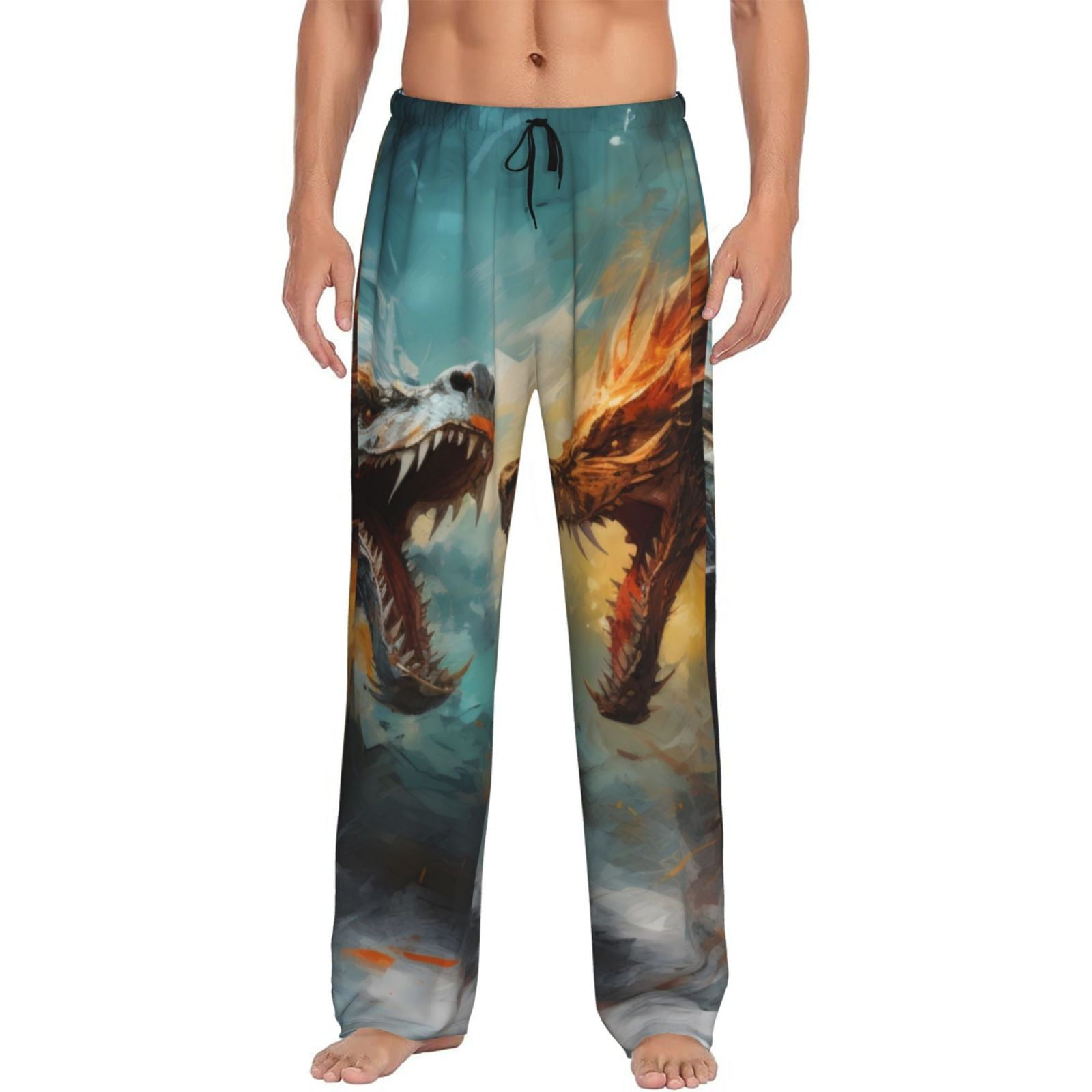 Qokaie White And Red Sketch Dragon Drawing Silky Soft Men Pajama Pants ...