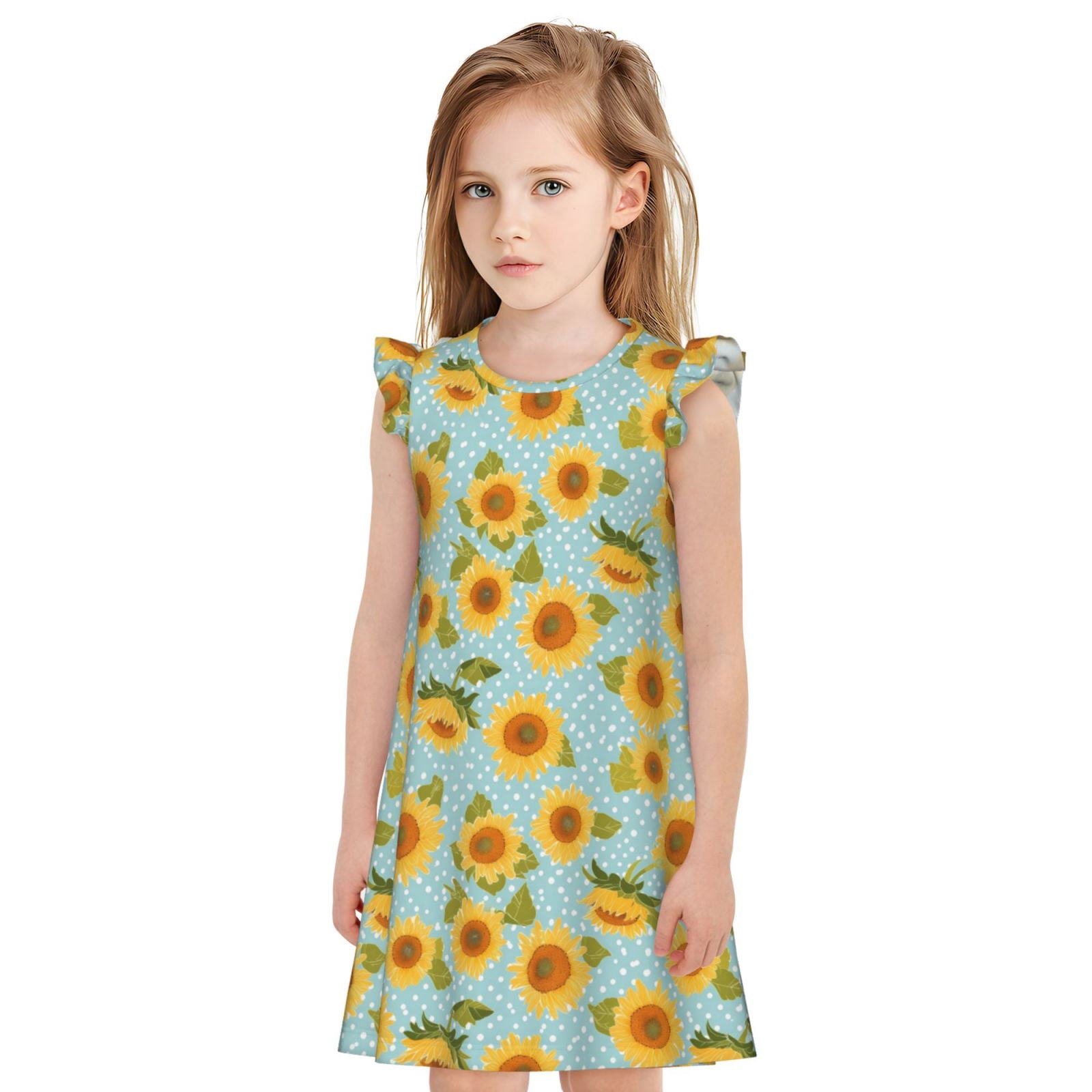 Qokaie White Polka Dot Sunflower A Print Girls Nightgowns, Nightgown ...