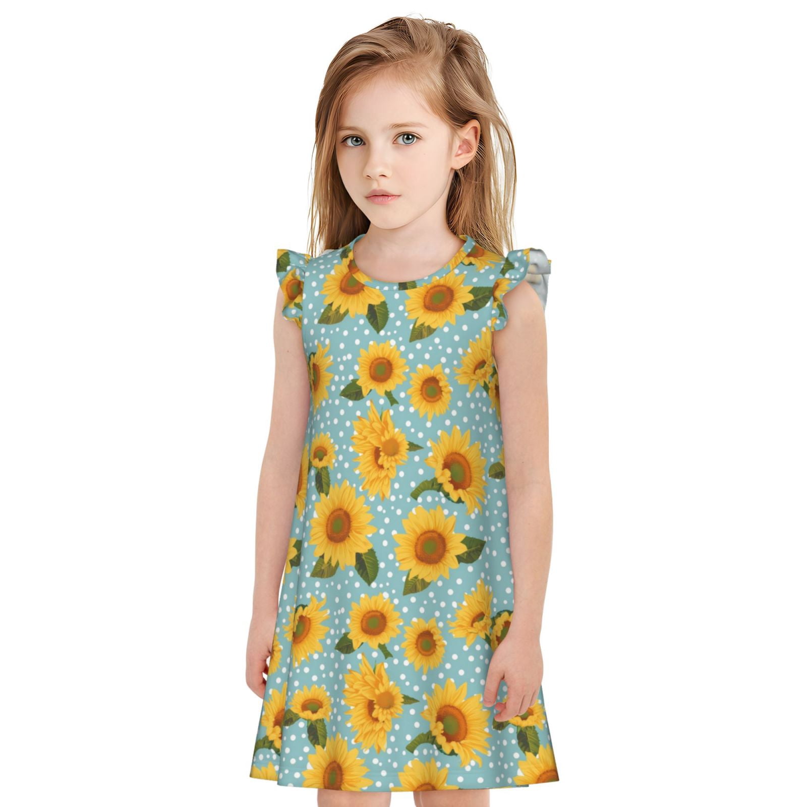 Qokaie White Polka Dot Sunflower Print Girls Nightgowns, Nightgown ...