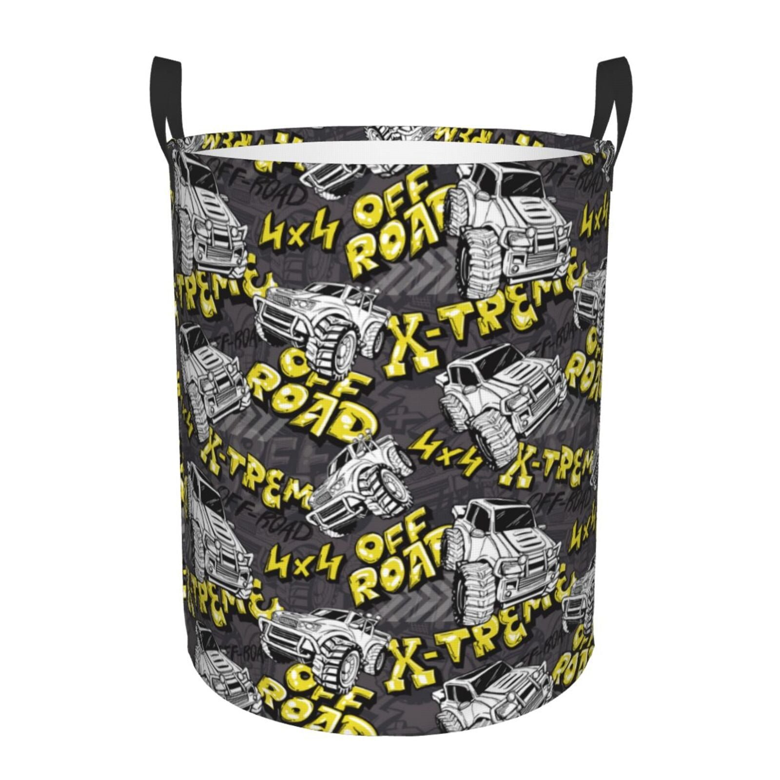 Qokaie White Retro Off-Road Vehicle Print Round Large Laundry Hamper ...