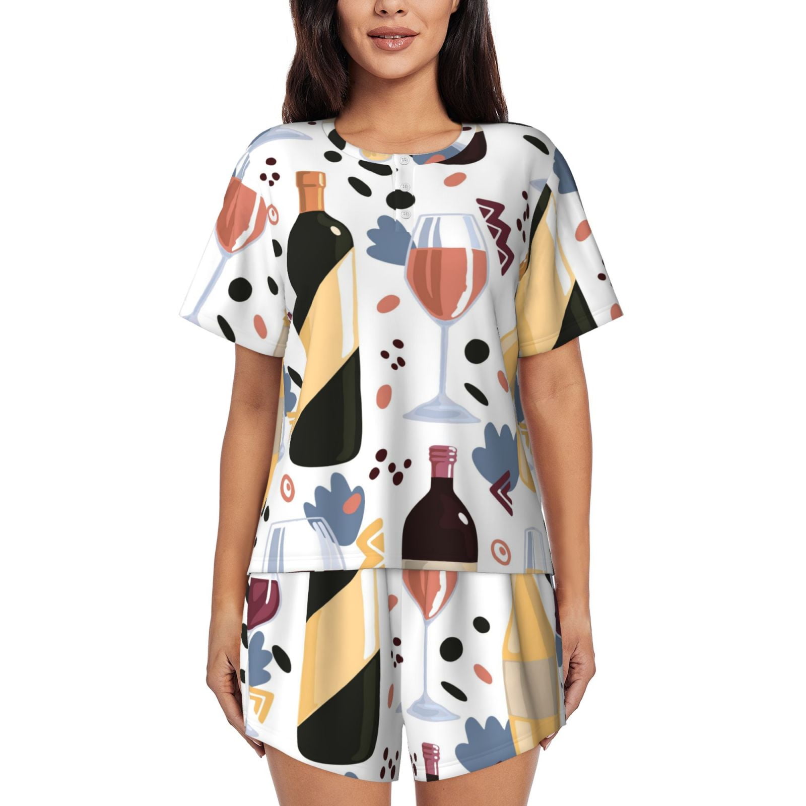 Qokaie Wine Bottles Glasses Pattern Pajamas Sets for Women Soft Short ...