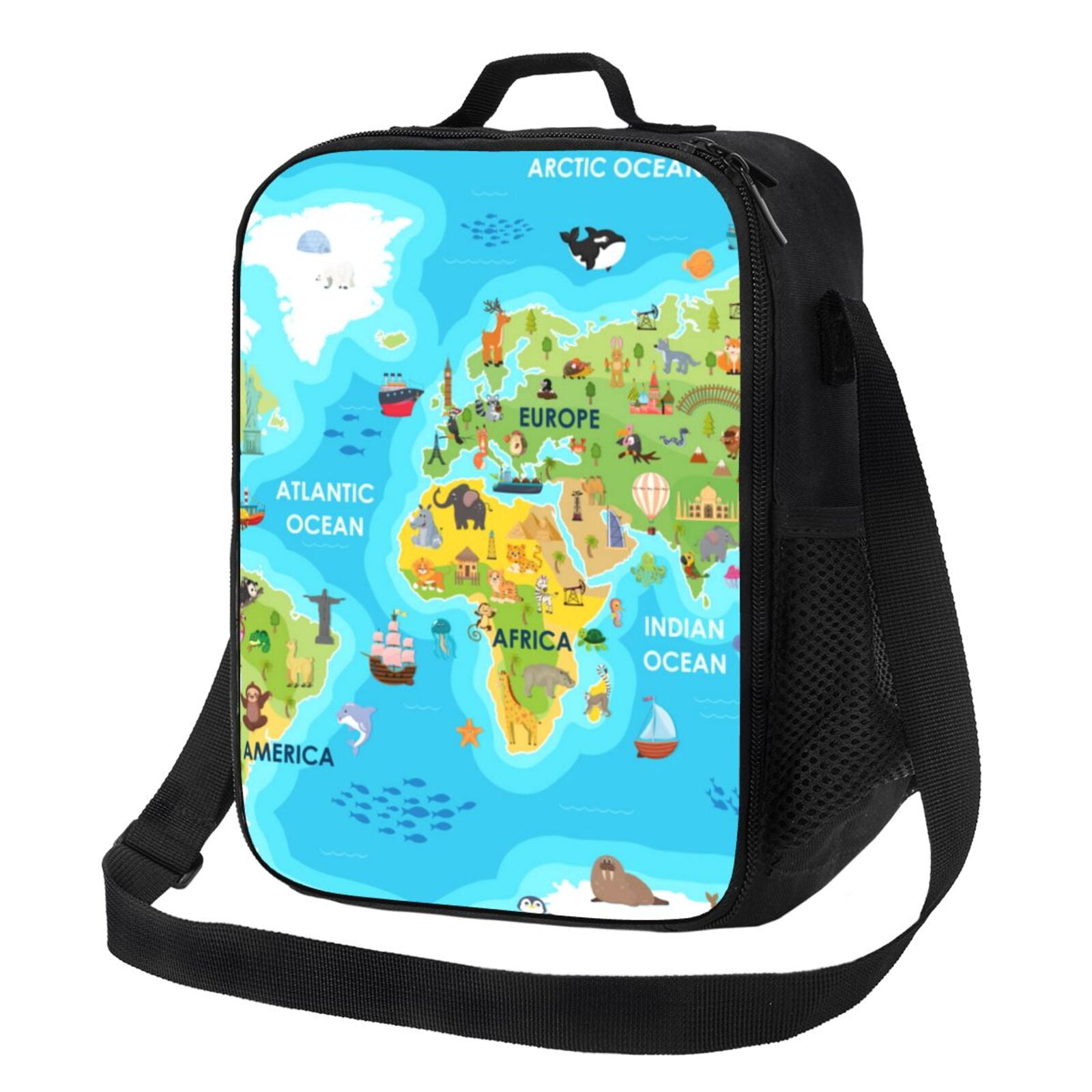 Qokaie World Map With Animals Landmarks Print Lunch Box for Men Women ...