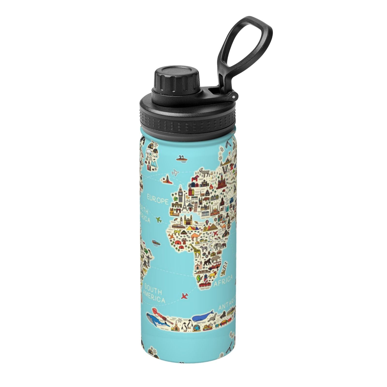 Qokaie World Travel Line Icons Map Pattern 18oz Insulated Water Bottle ...