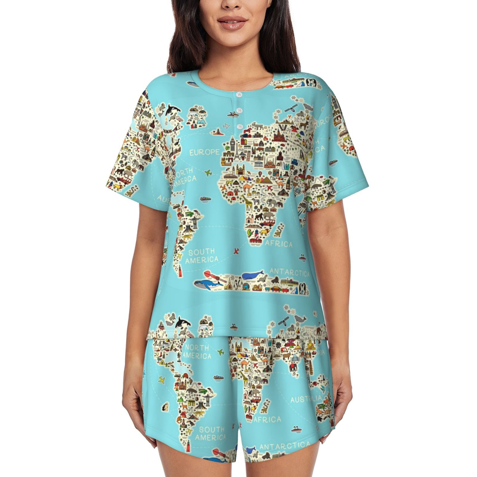 Qokaie World Travel Line Icons Map Pattern Pajamas Sets for Women Soft ...