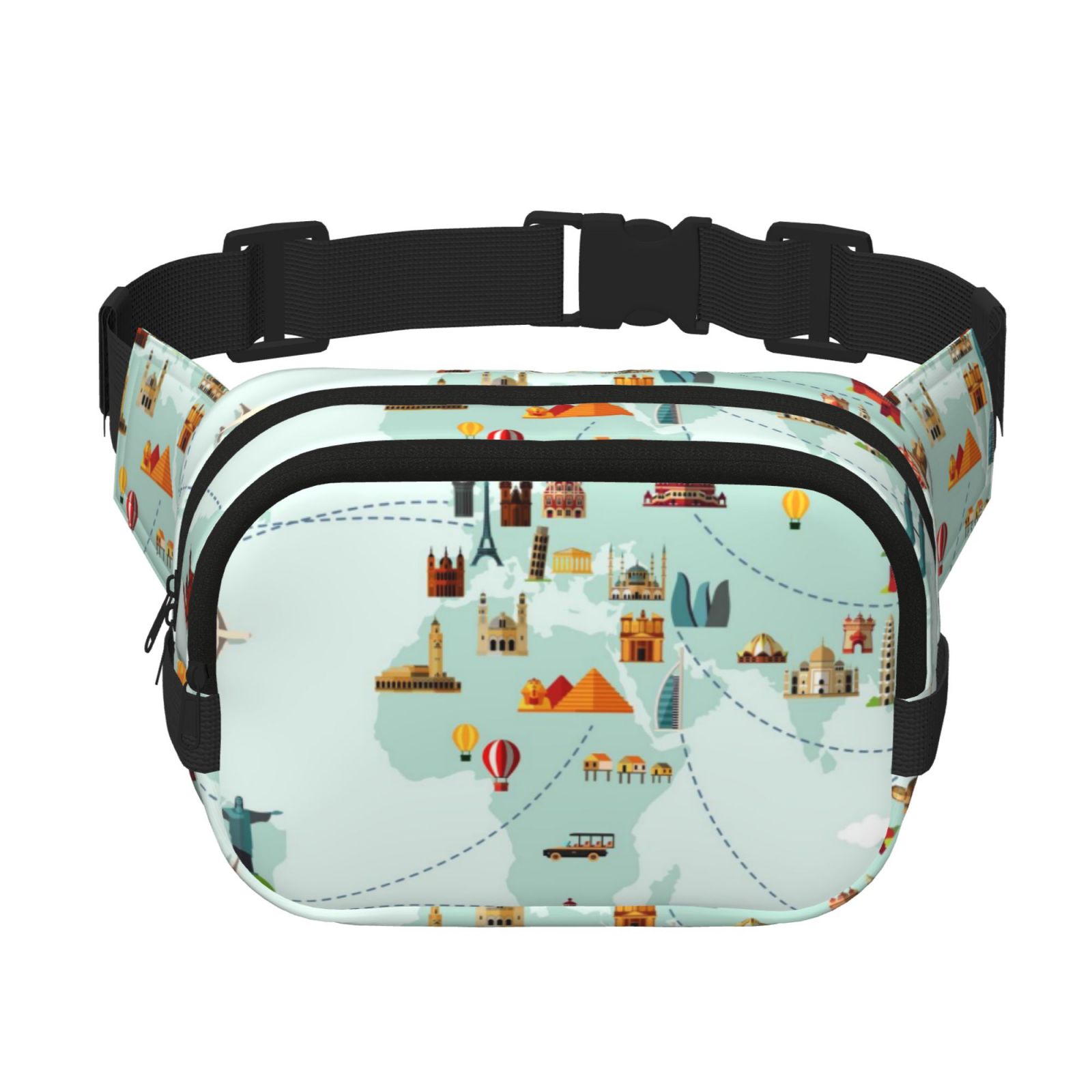 Qokaie World Travel Map Pattern Waist Bag, Double Layer Waist Pack ...