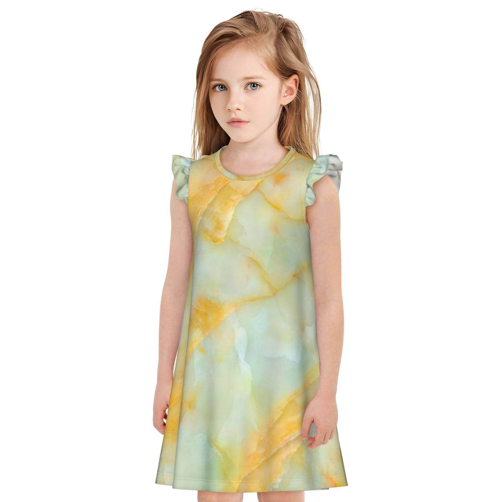 Qokaie Yellow With Teal Marble Print Girls Nightgowns, Nightgown Princess Pajama Dresses for ...