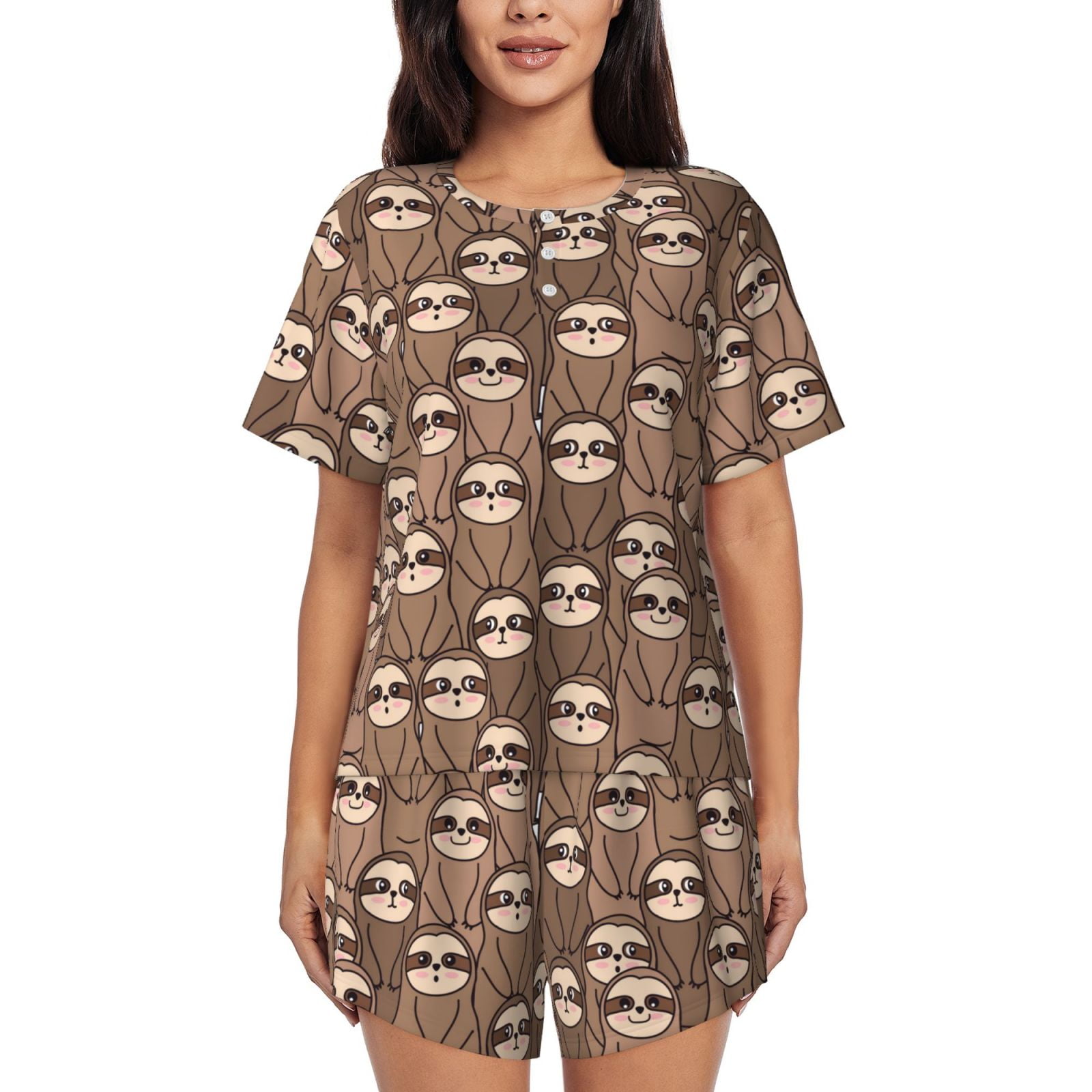 Qokaie brown sloth family Pattern Pajamas Sets for Women Soft Short ...