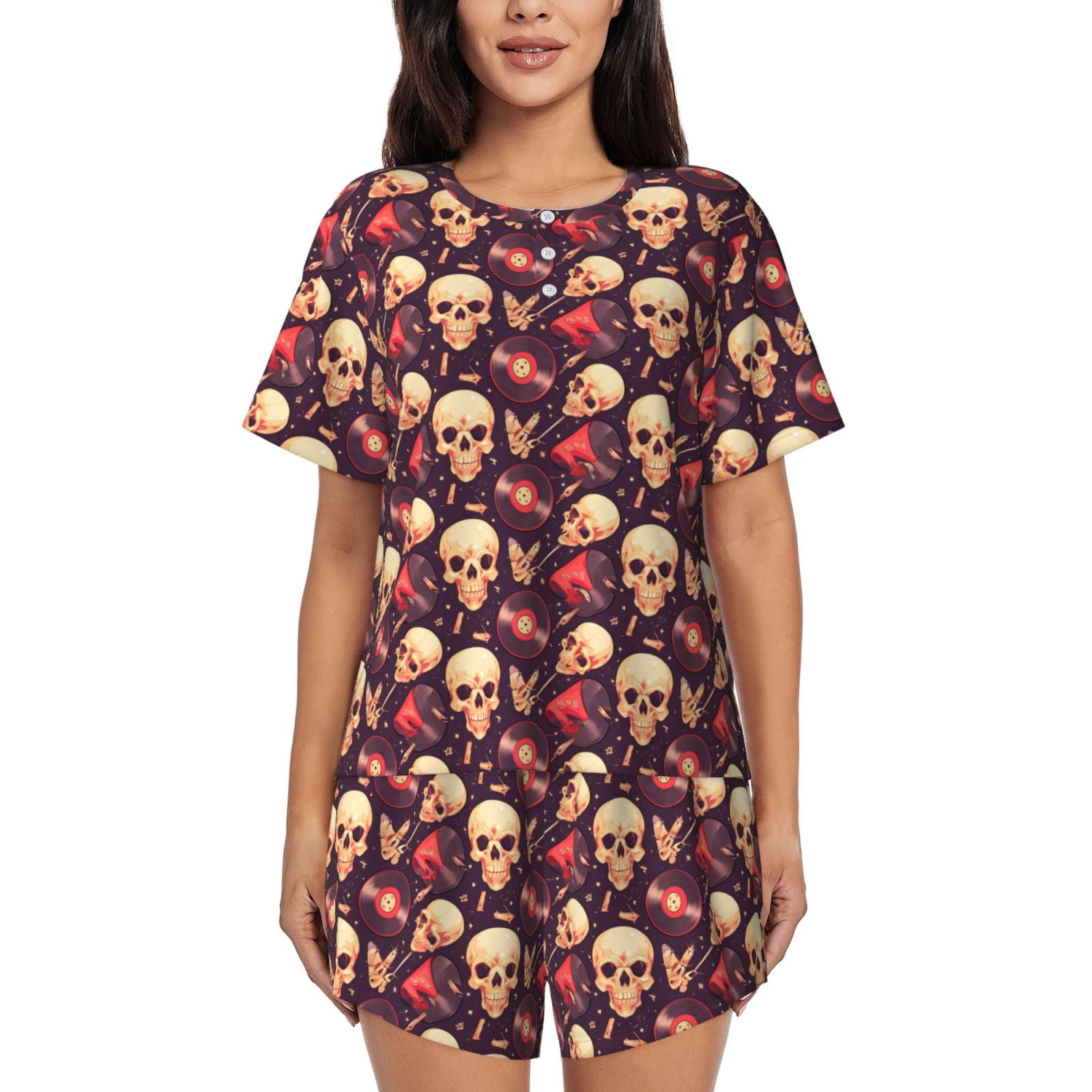 Qokaie cool rock Skull record Pattern Pajamas Sets for Women Soft Short ...