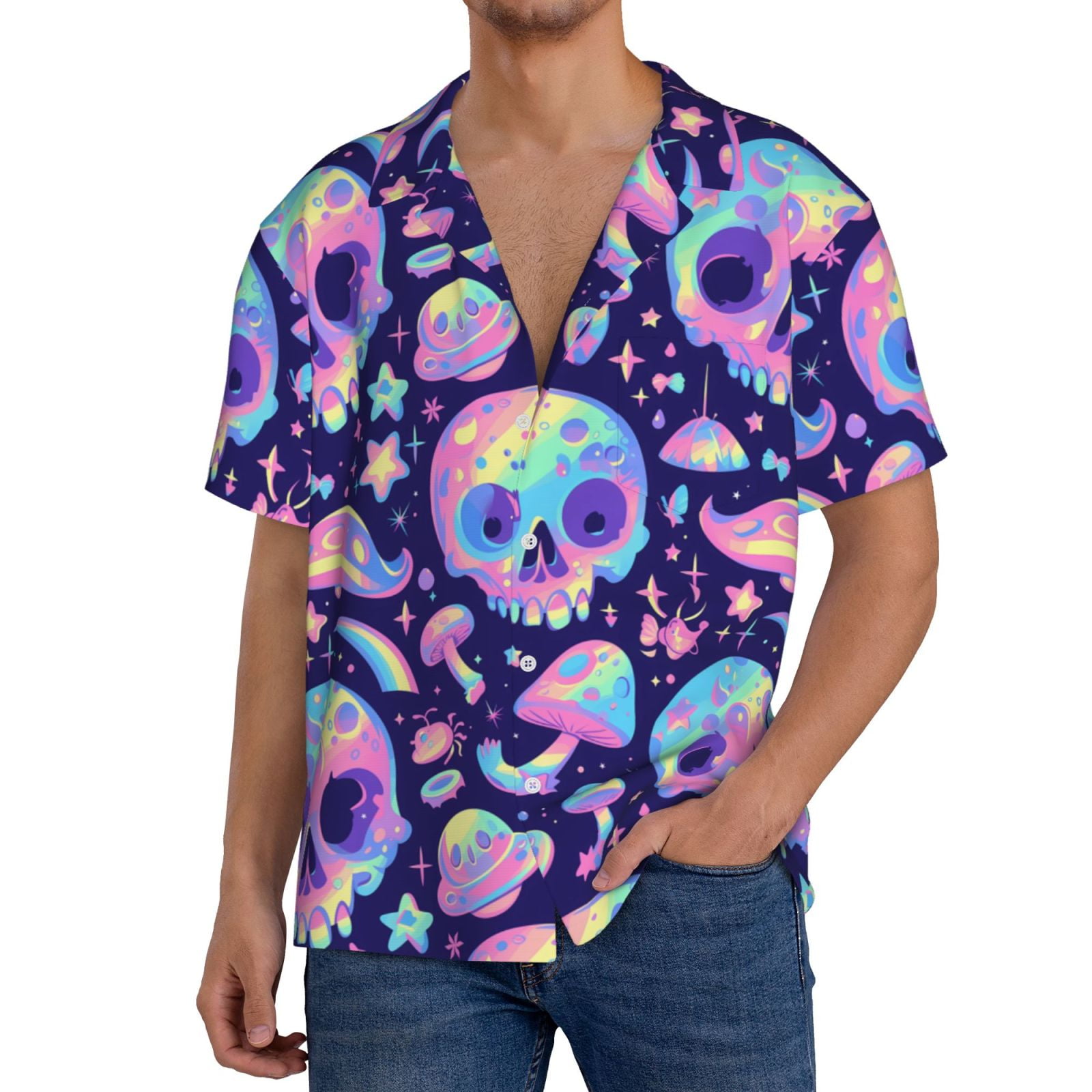 Qokaie crystal Skull mushroom Print Mens Casual Wrinkle Free Shirts ...