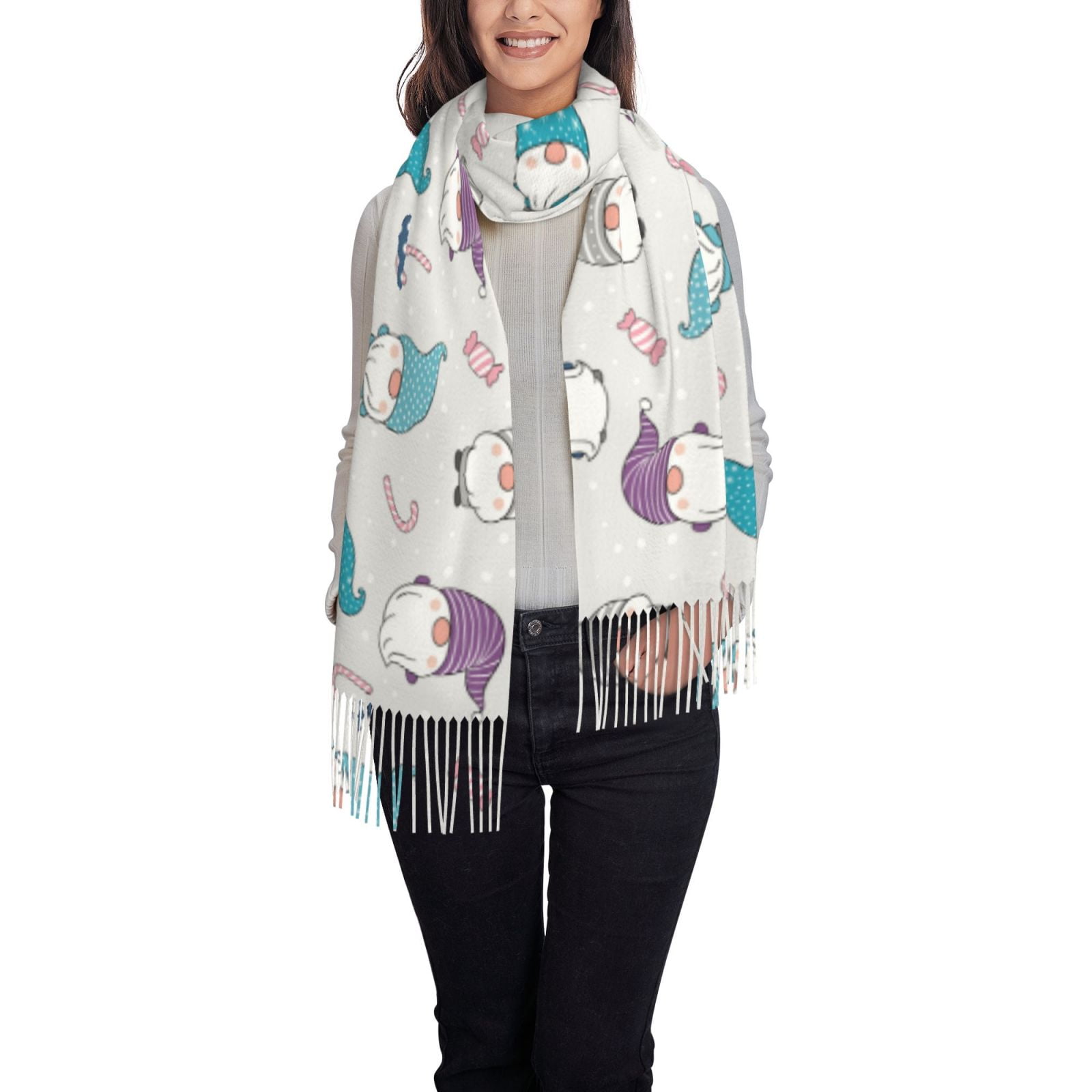 Qokaie cute winter Gnome Print Scarf for Women Lightweight Soft Scarves ...