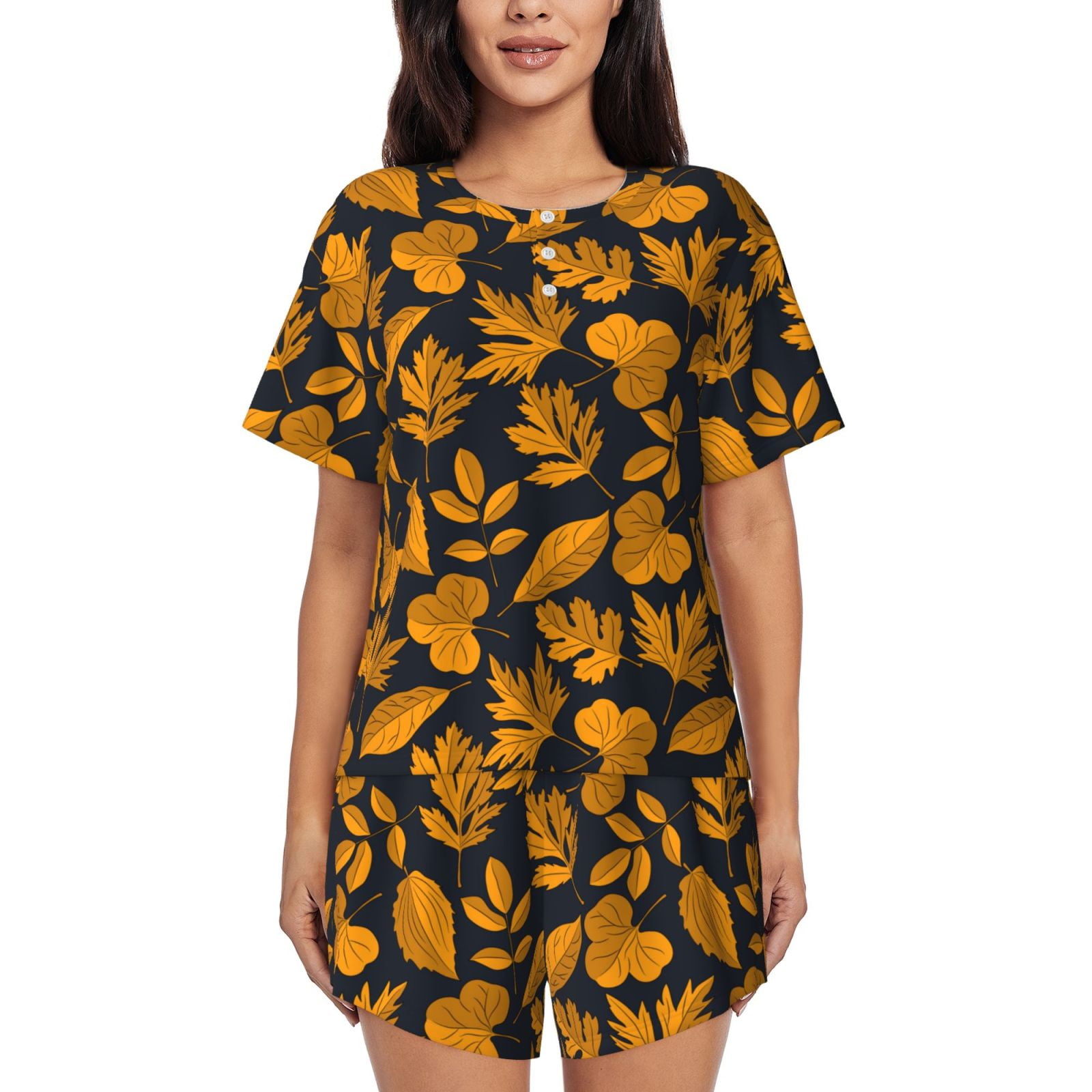 Qokaie fall leaf Pattern Pajamas Sets for Women Soft Short-Sleeved Pjs ...