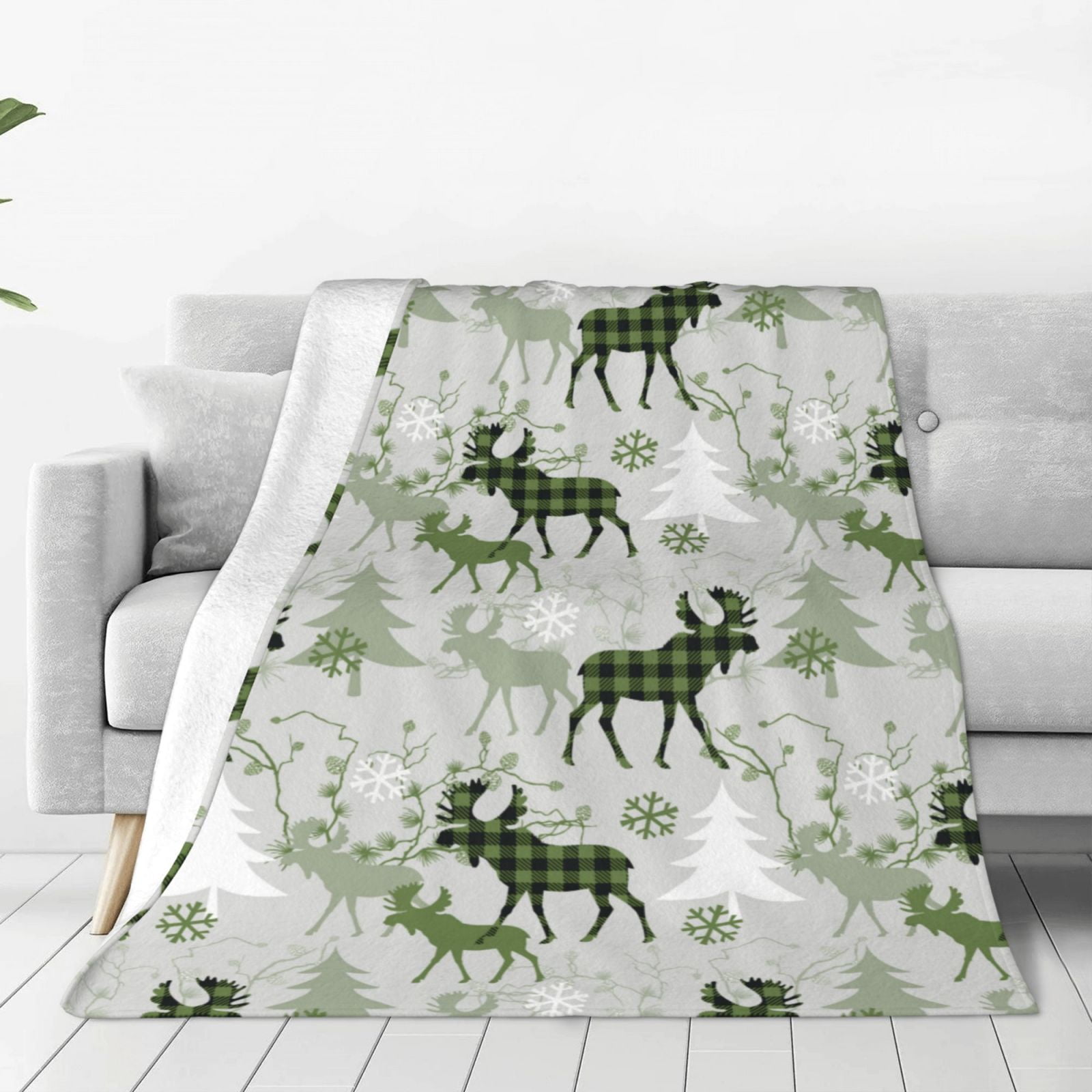 Qokaie green plaid Moose tree Soft Cozy Plush Fleece Throw Blanket 80 ...