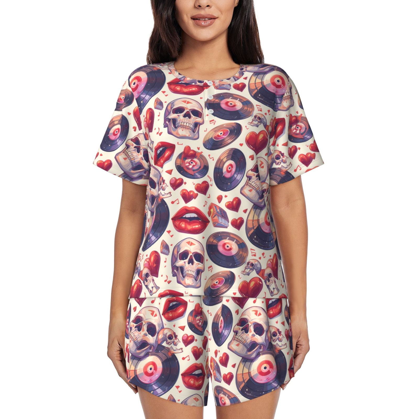 Qokaie record rock Skull lips Pattern Pajamas Sets for Women Soft Short ...