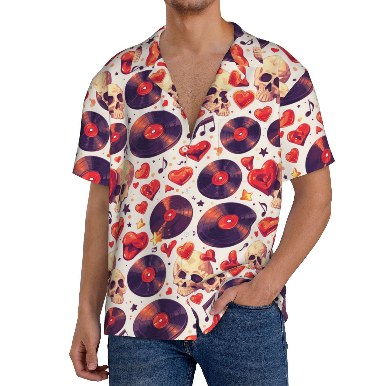 Qokaie rock Skull record heart Print Mens Casual Wrinkle Free Shirts ...