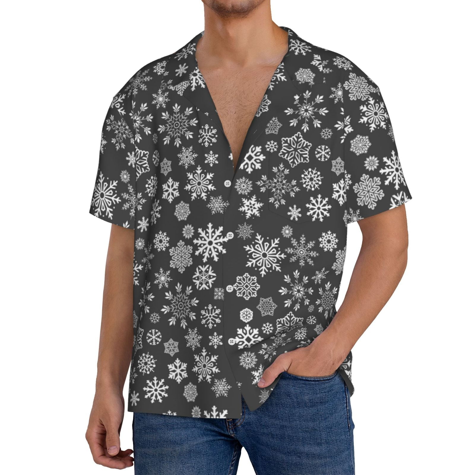 Qokaie simple white Snowflake Print Mens Casual Wrinkle Free Shirts ...