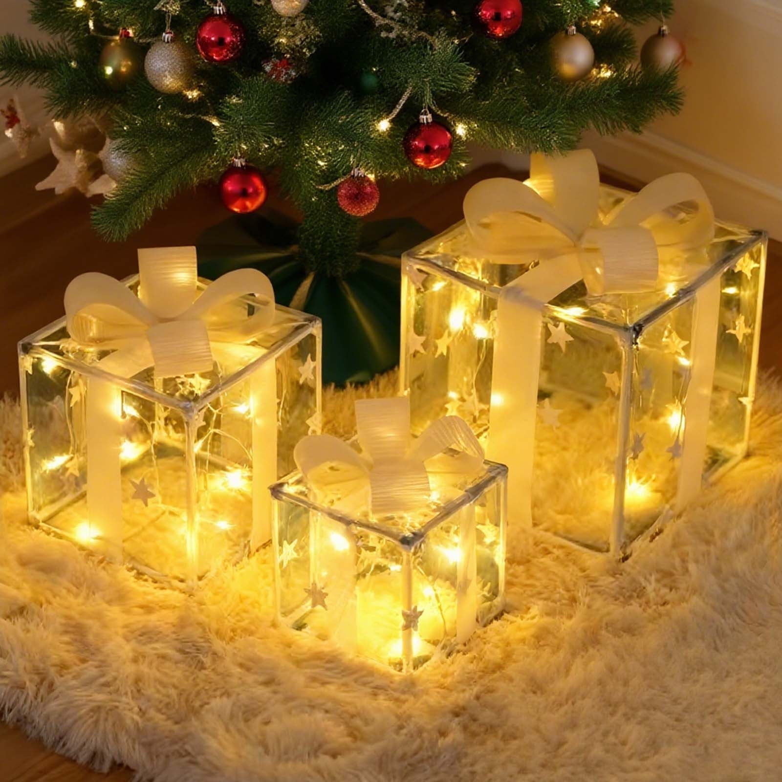 Qonioi Christmas Lighted Gift Boxes, 3 Piece Set with Flashing LED ...