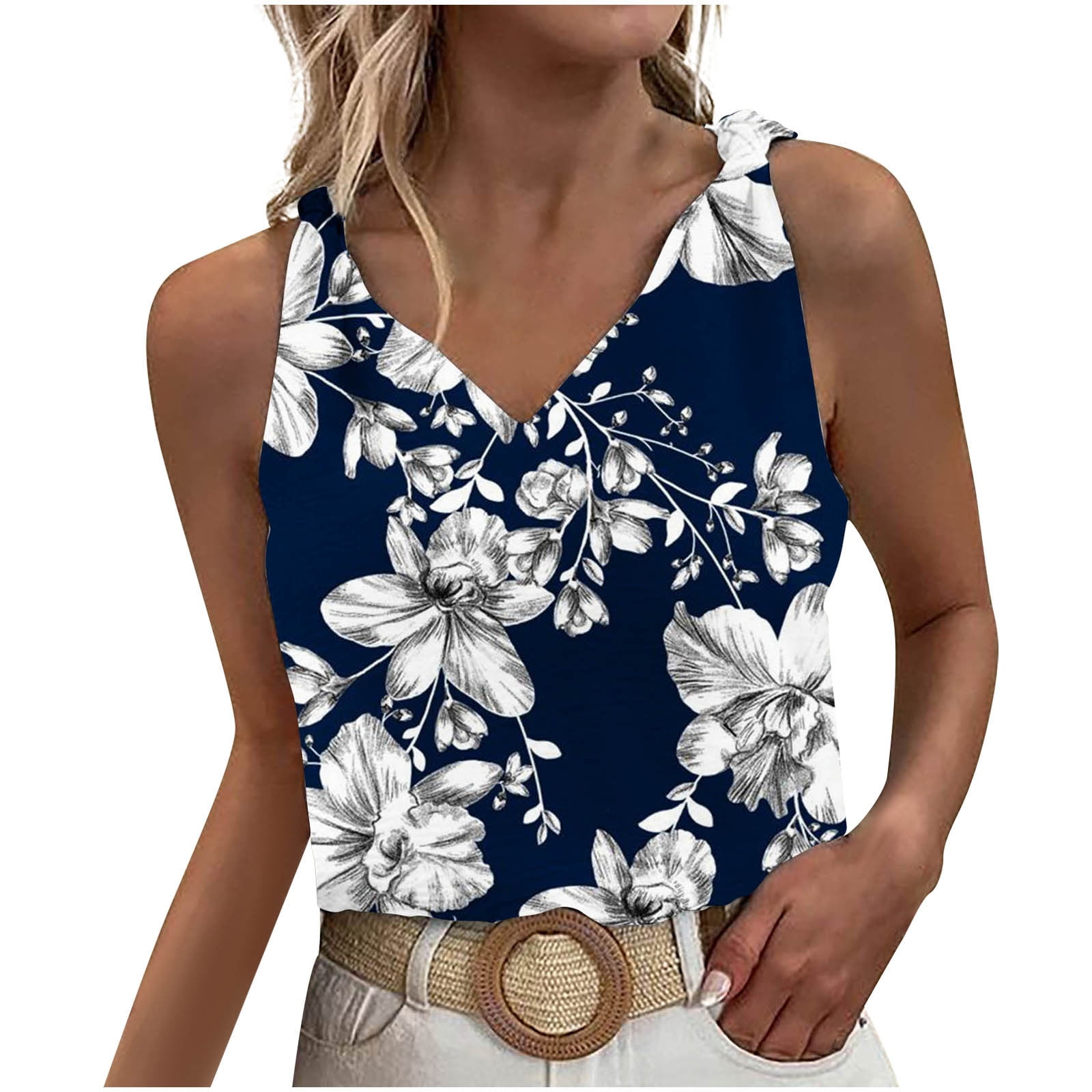 Qonioi Tank Top for Women, Womens Summer Tops Basic Tanks V Neck Sleeveless T Shirts Print Tanks ...