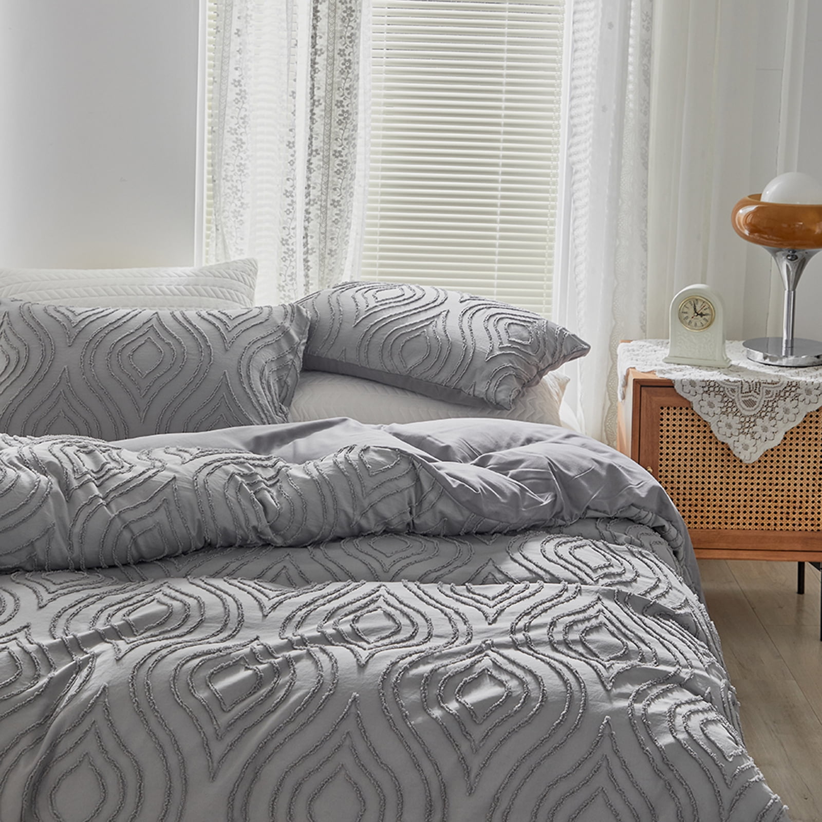 Qookiee Boho Queen Size Duvet Set, Gray Mandala, Tufted Bedding with 2 ...