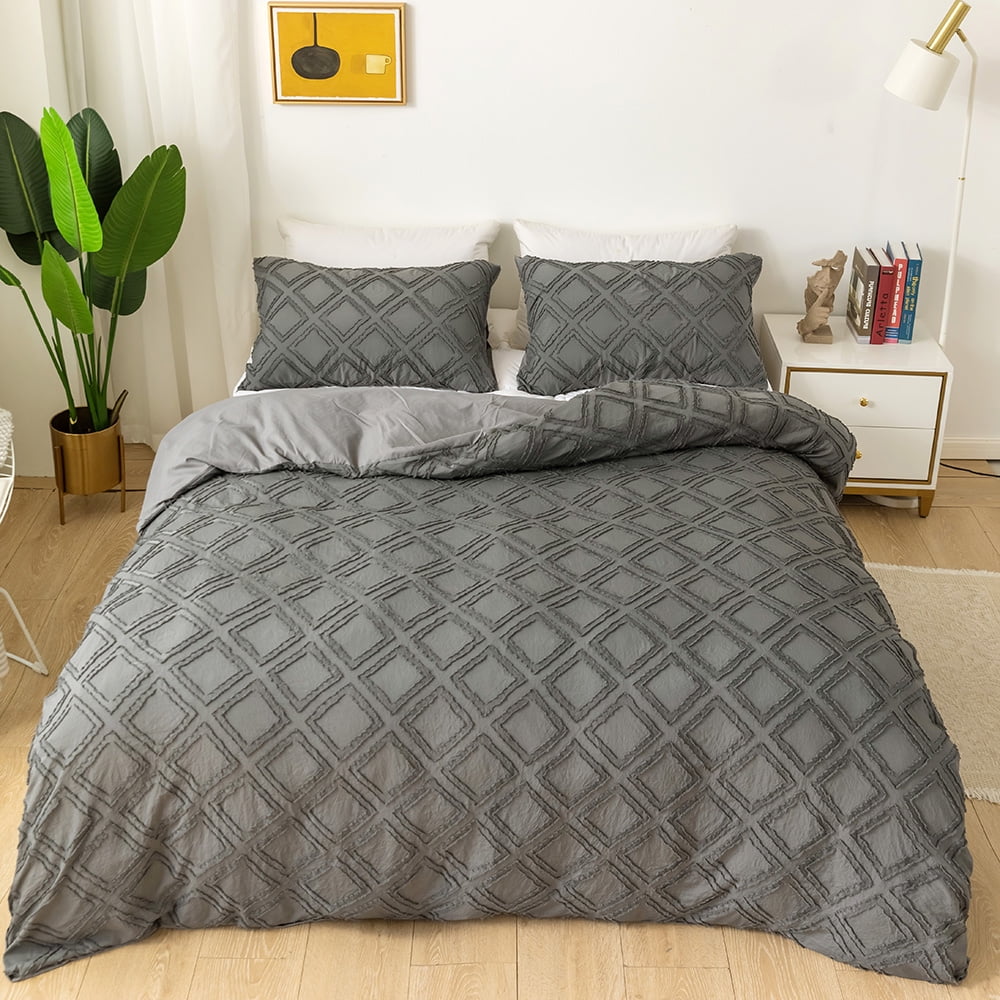 Qookiee Gray Duvet Cover Set Queen Size 3 Pieces Microfiber Tufted ...