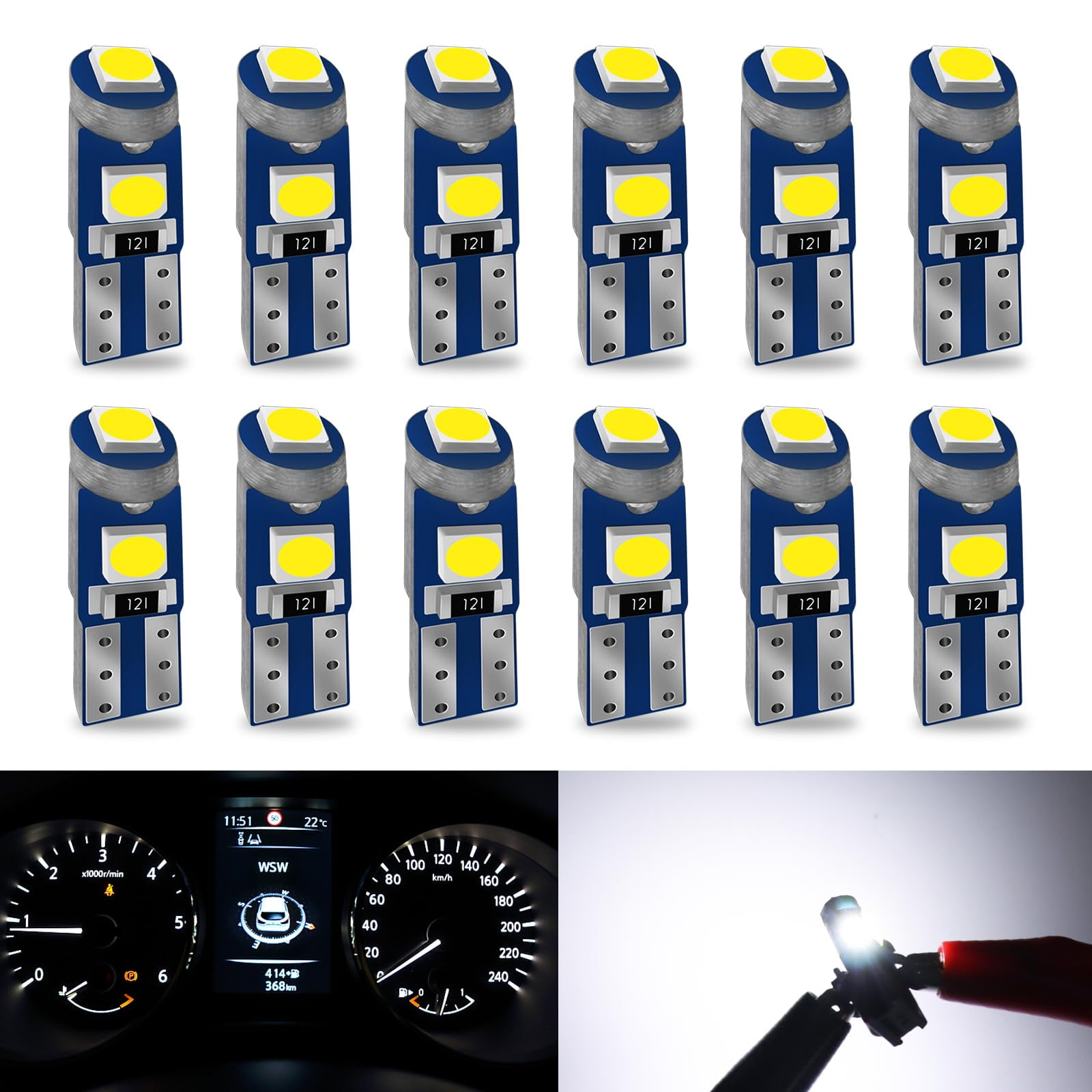 Qoope T5 LED Bulb White 74 73 37 2721 PC74 PC37 LED Bulbs Replacement 3030 3SMD 12 Volt for Car ...