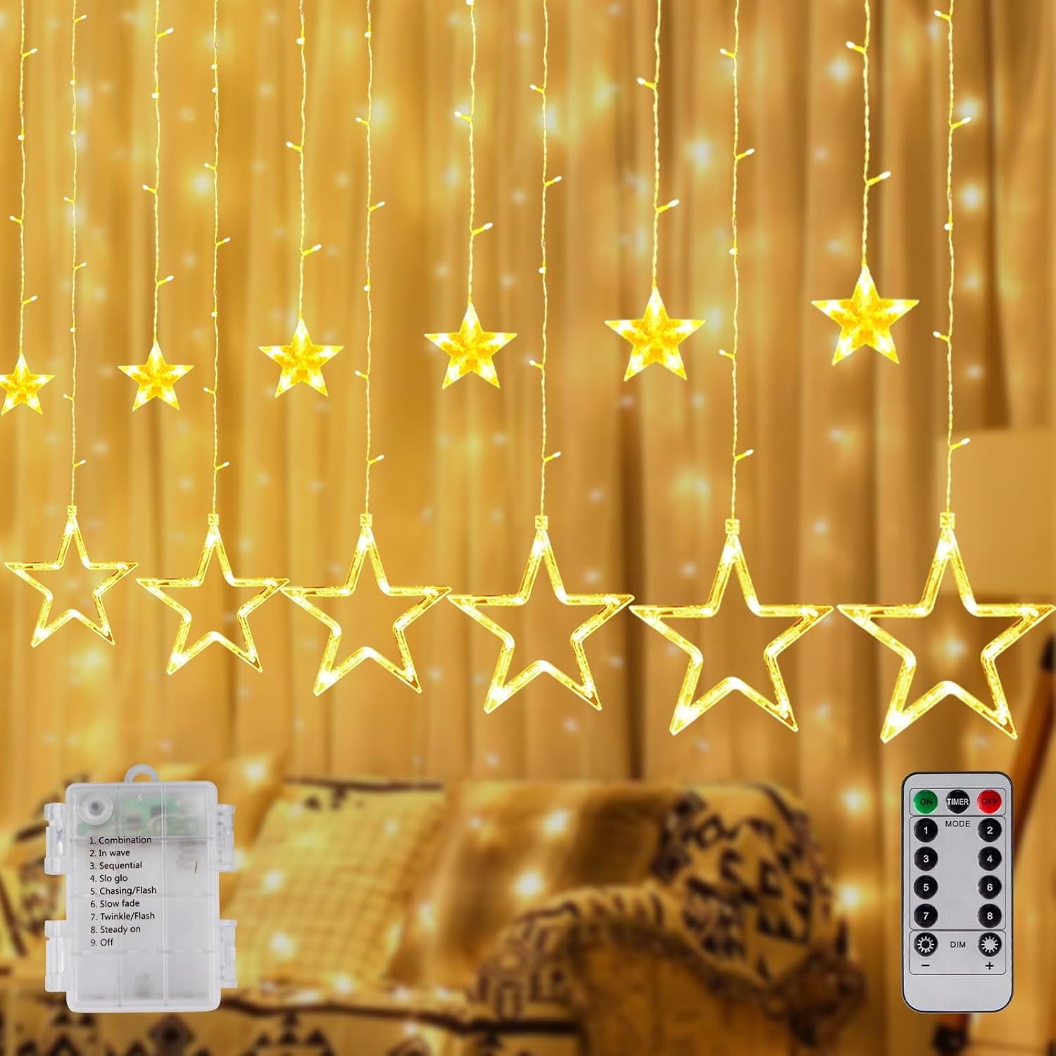 Qoosea 12 Stars 126 LED Star Curtain String Lights, Window Curtain ...