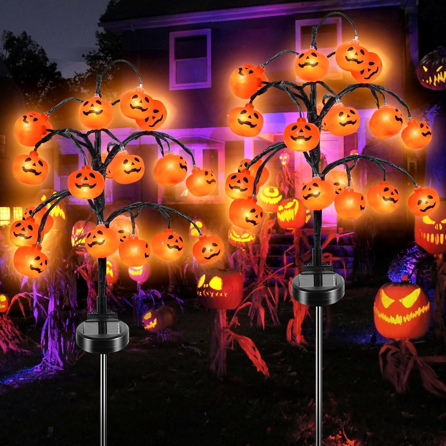 Qoosea 2 Packs 40 LEDs Solar Halloween Pumpkin Stake Lights, 2 Modes ...