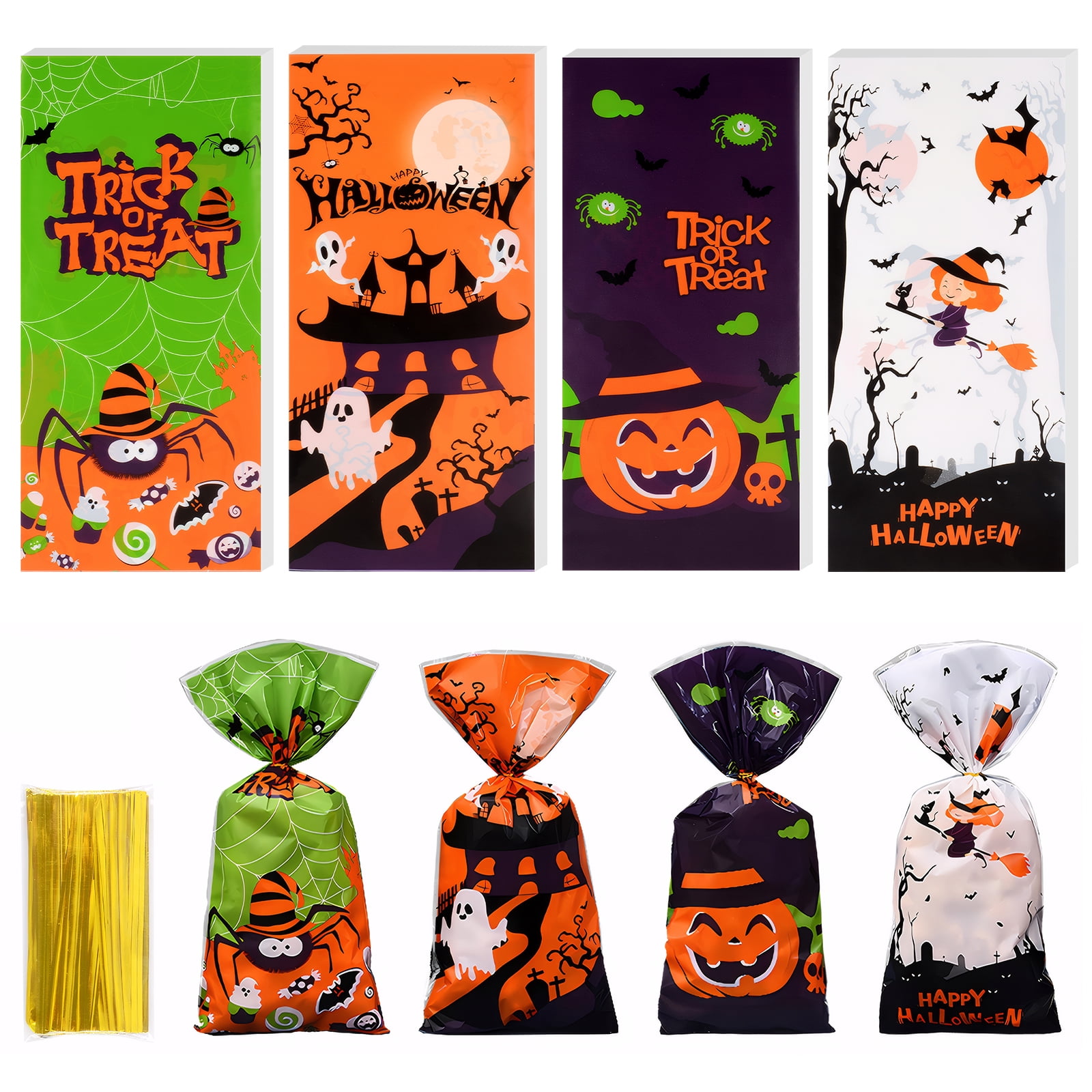 Qoosea 200 Pcs Halloween Treat Bags Halloween Cellophane Candy Bags ...