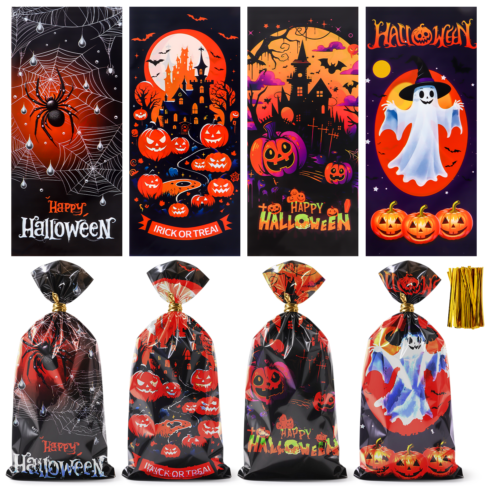 Qoosea 200pcs Halloween Cellophane Treat Bags,Spider Pumpkin Ghost ...