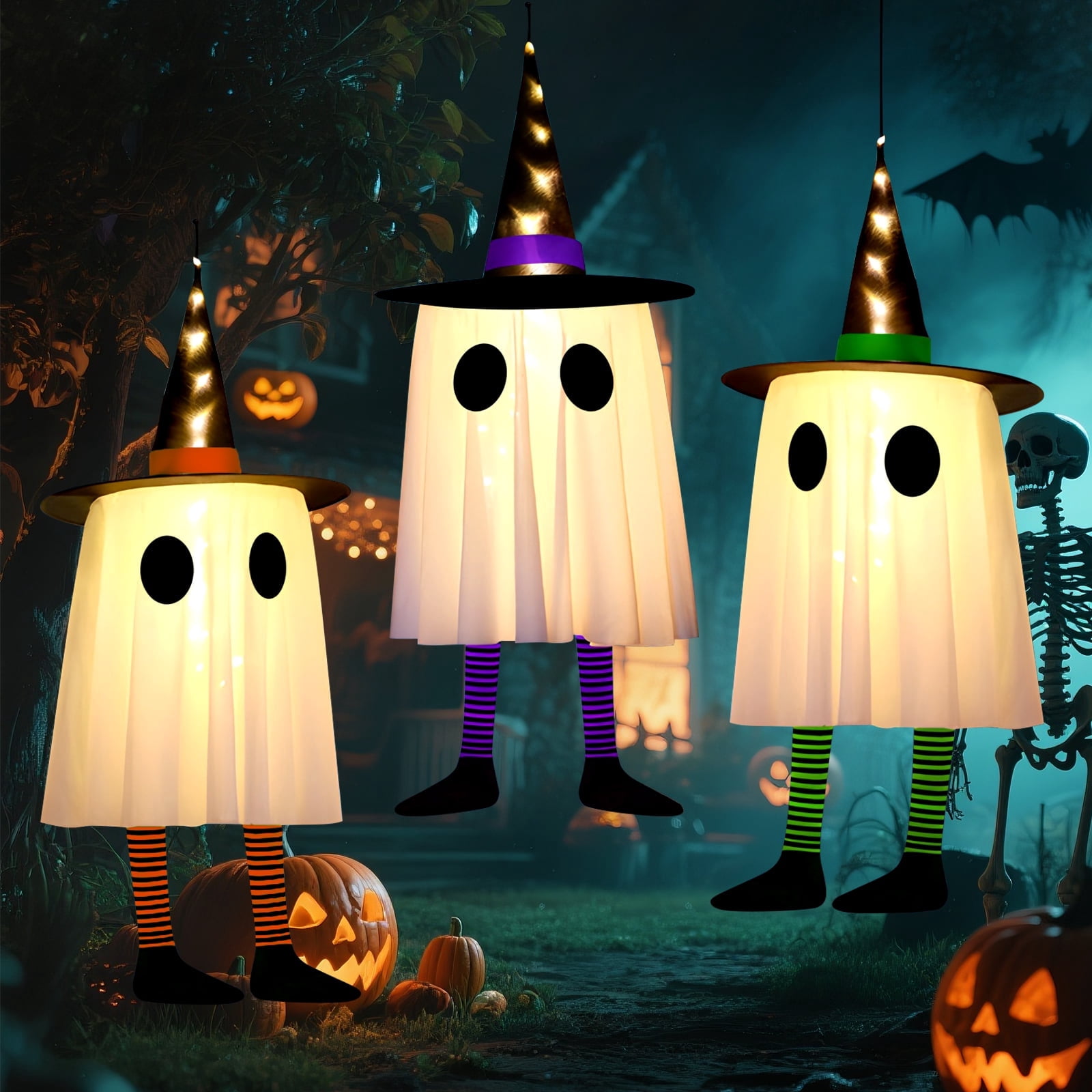 Qoosea 3 Pack Halloween LED Lights Witch Hat Ghost Hangers, Purple ...