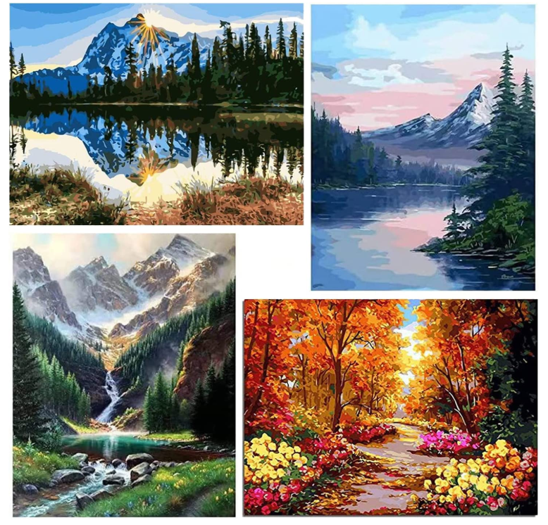 Qoosea 4 Pack Paint by Numbers Sets for Adults, Crafts DIY Framed Paint ...