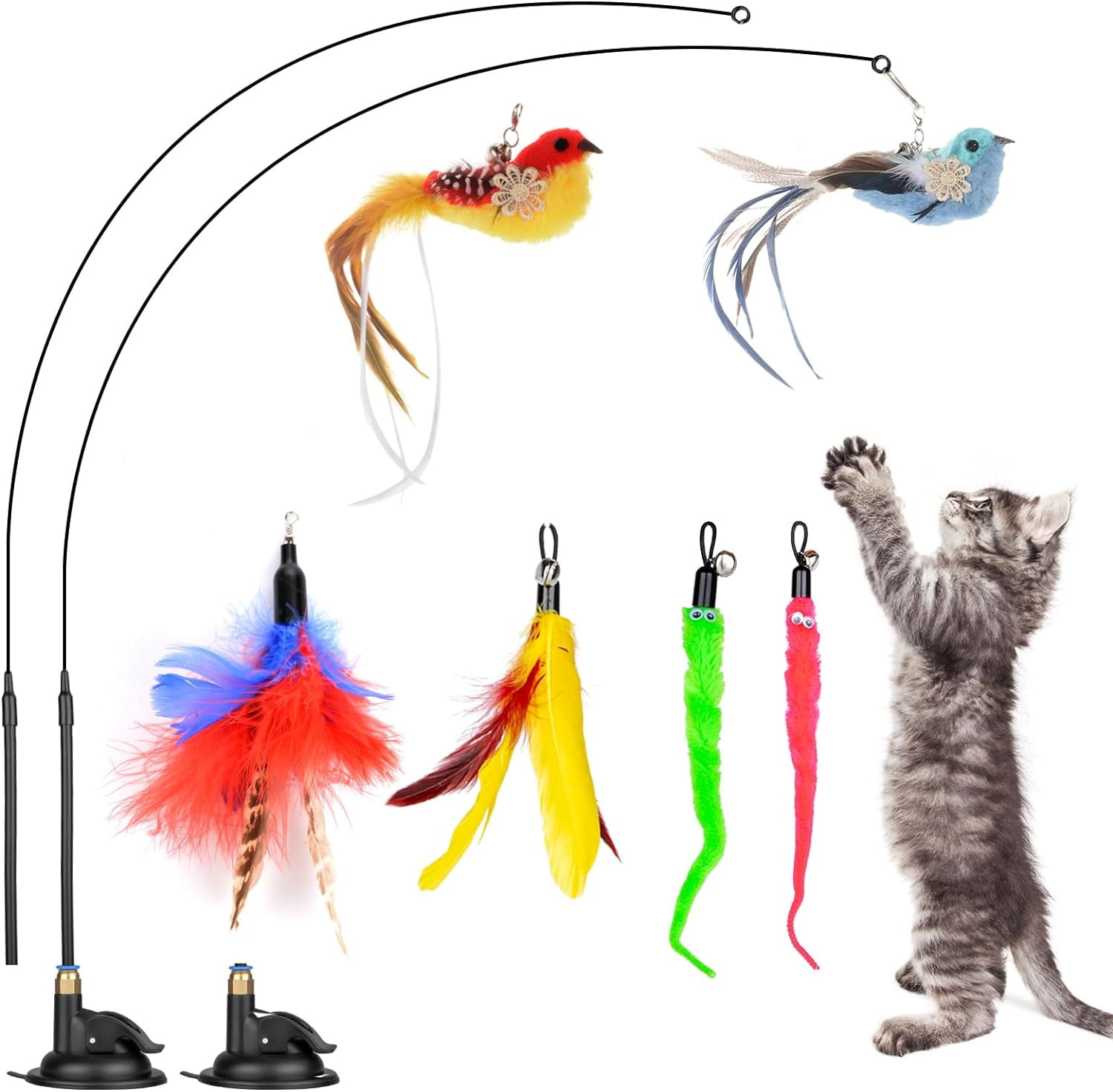 Qoosea Cat Feather Toys with Suction Cup 10PCS Includes Detachable ...