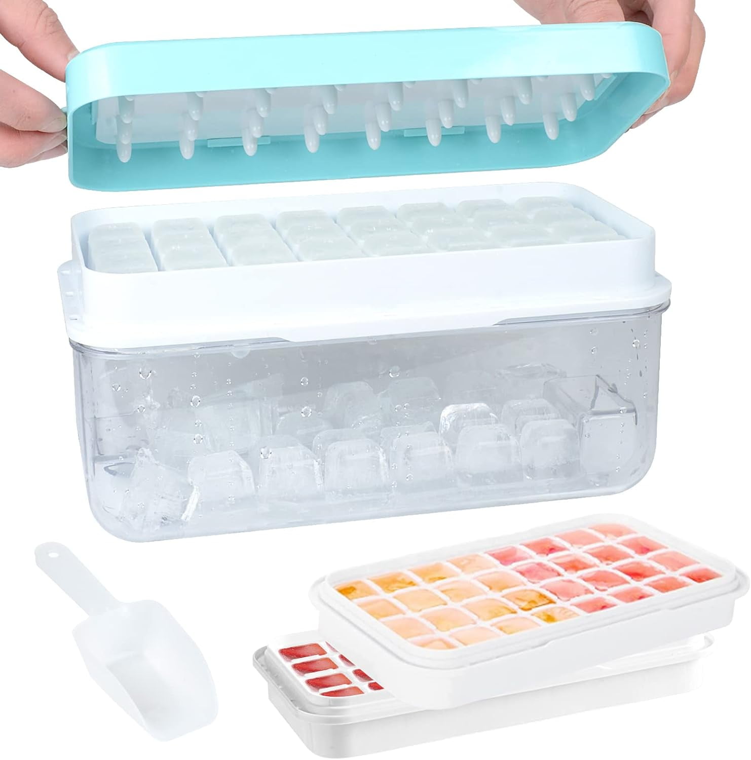 Qoosea Ice Cube Tray with Lid and Bin 2 Trays 64 pcs Silicone Ice Cube Mold with Scoop Easy ...