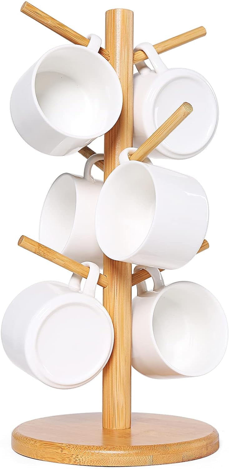 Qoosea Kitchen Stand Coffee Hanging Mug Holder Tree, 6 Hooks, Wood ...