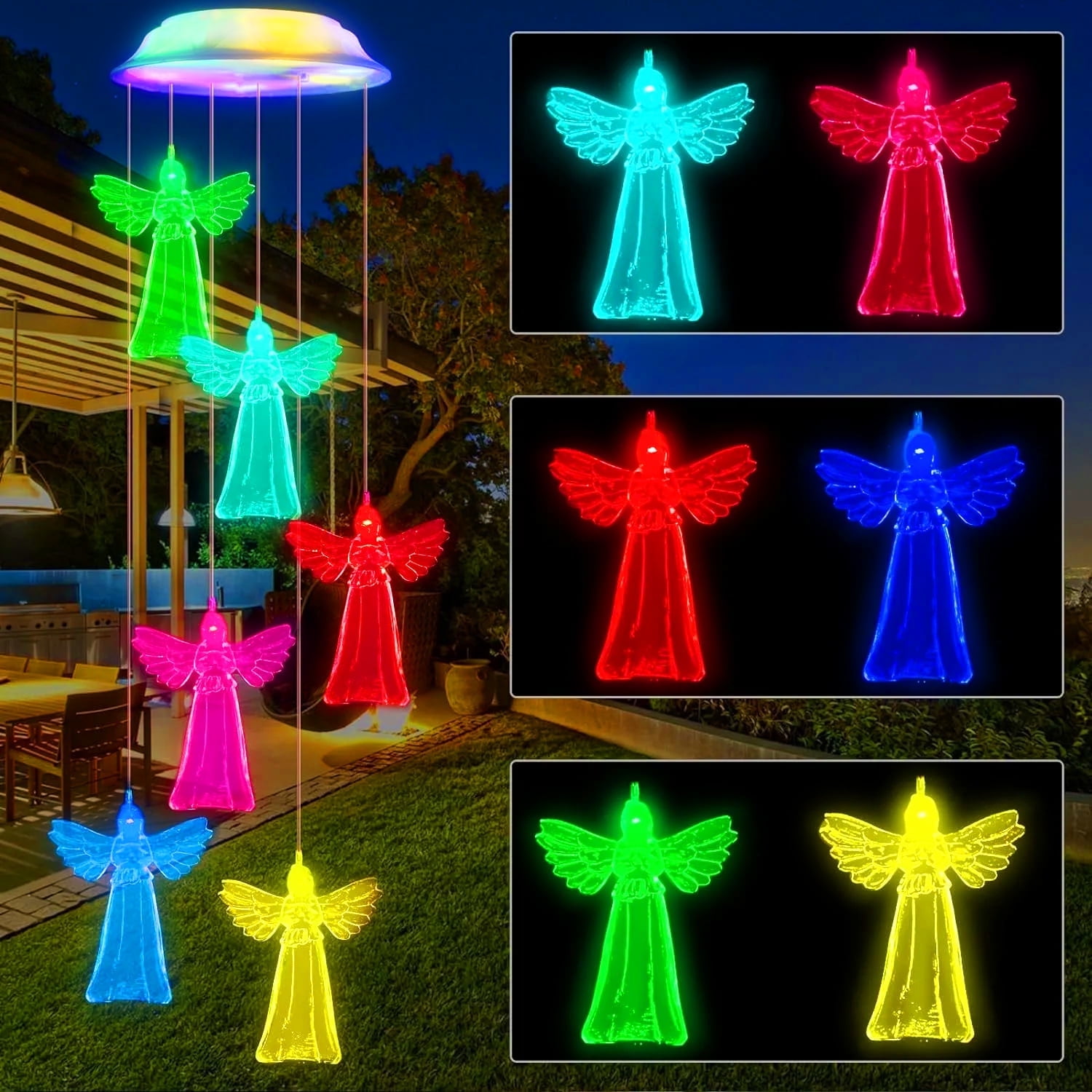 Qoosea Solar Angel Wind Chimes, LED Color Changing Lights, Waterproof ...