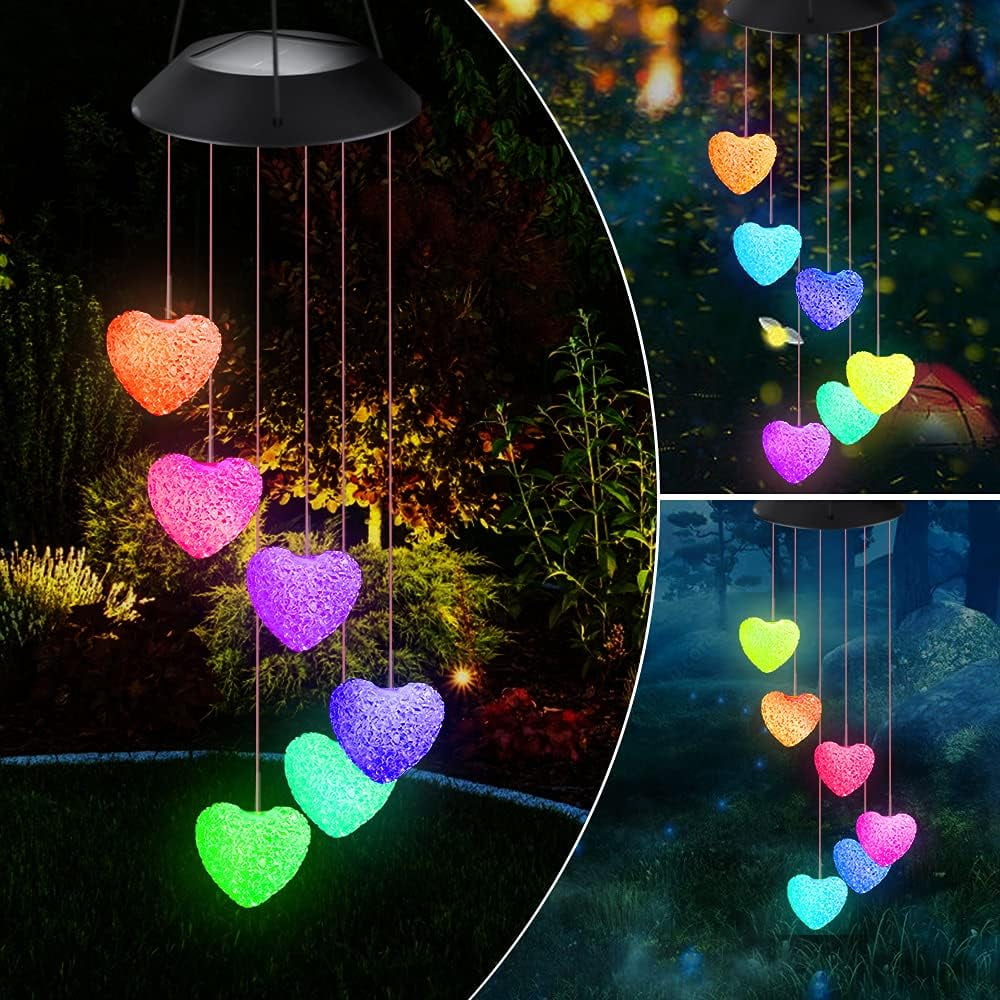 Qoosea Solar Powered Heart Wind Chime, LED Colour Changing Spinner ...