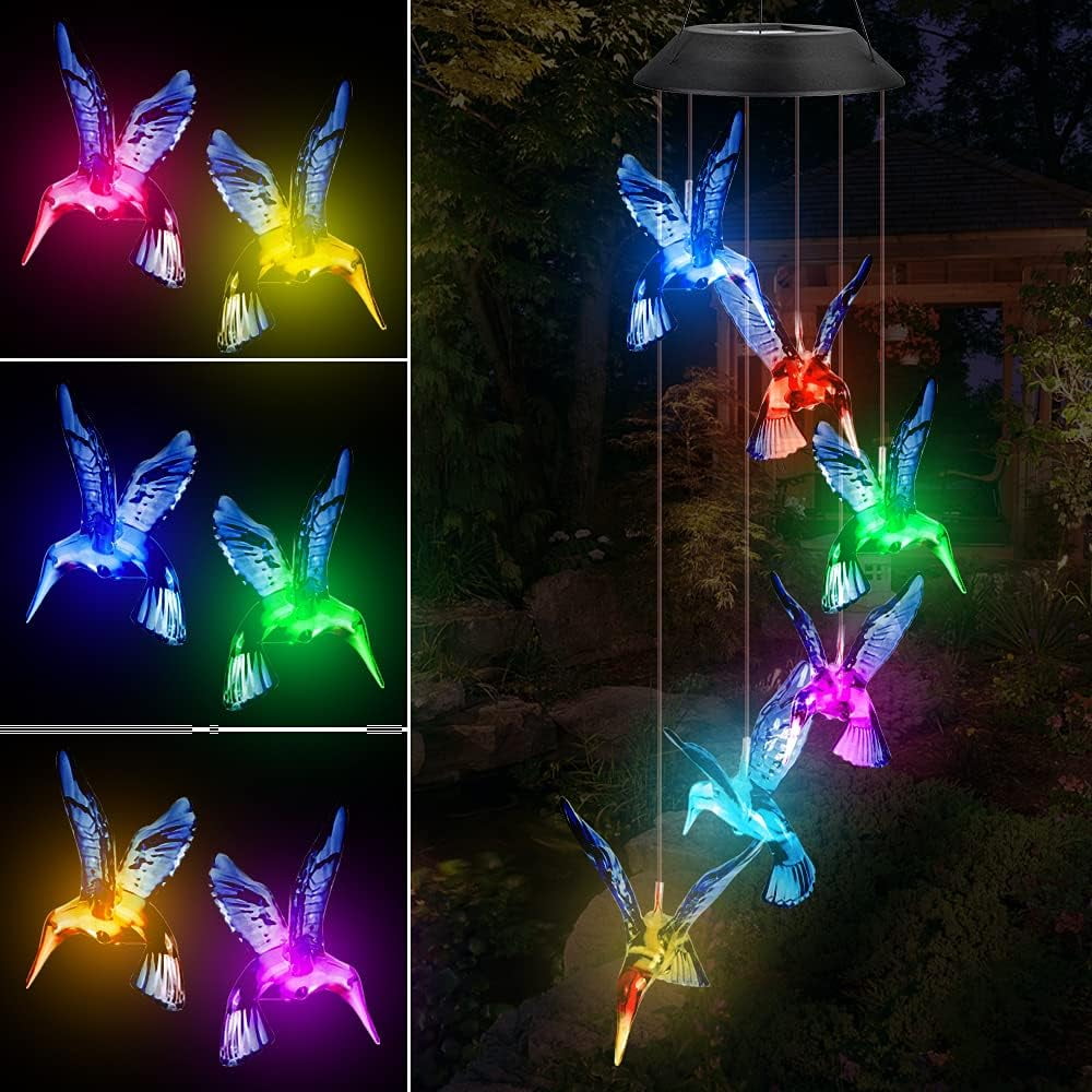 Solar Powered Hummingbird Wind Chime, LED Mobile with Colour Changing ...