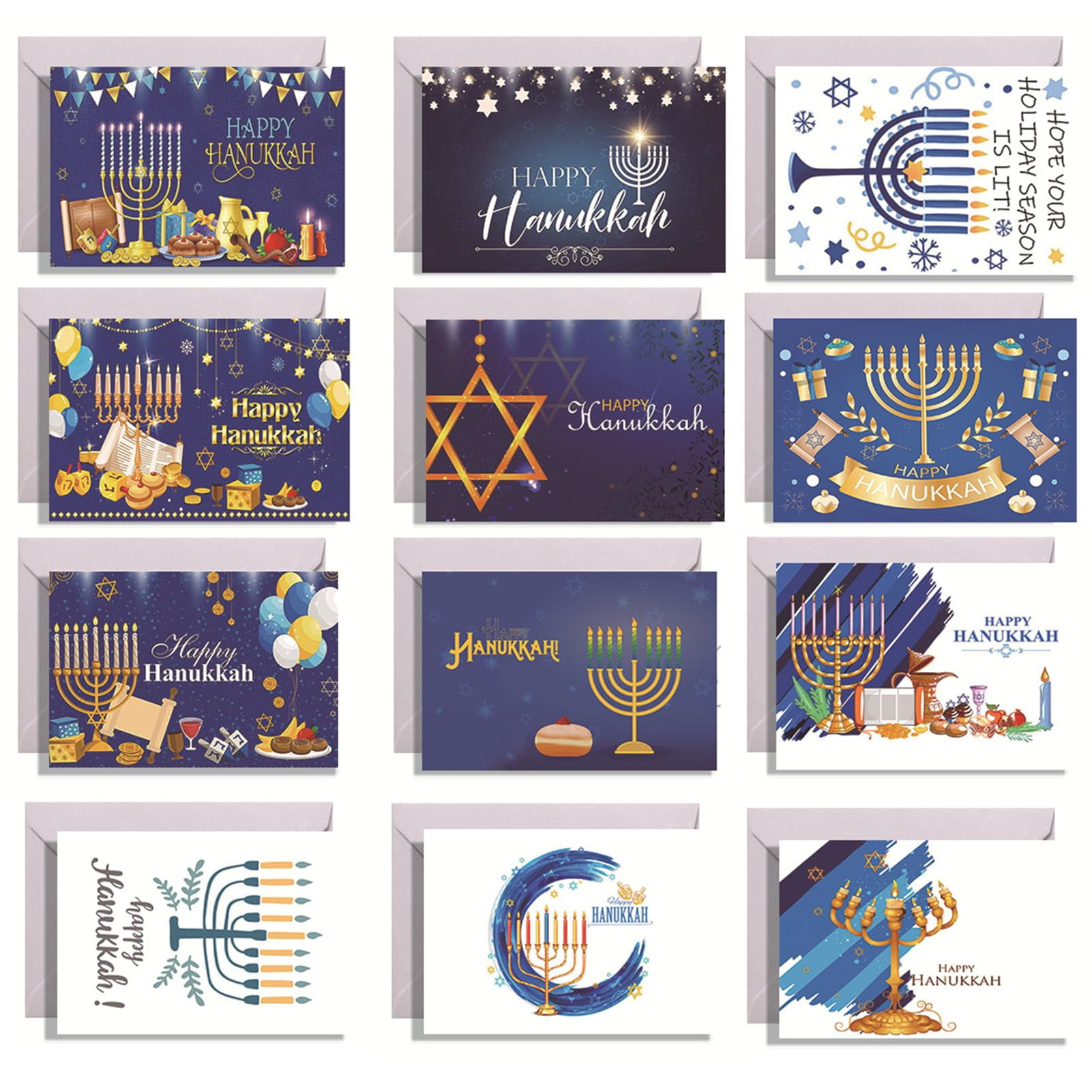 Qpout 12 PCS Hanukkah Cards Happy Hanukkah Greeting Cards with White ...