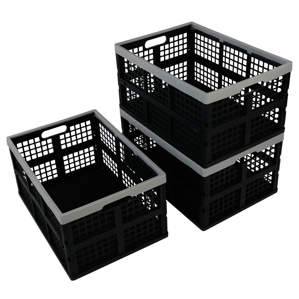 Qskely 3-Pack 40 L Plastic Stacking Folding Storage Crates, Large ...