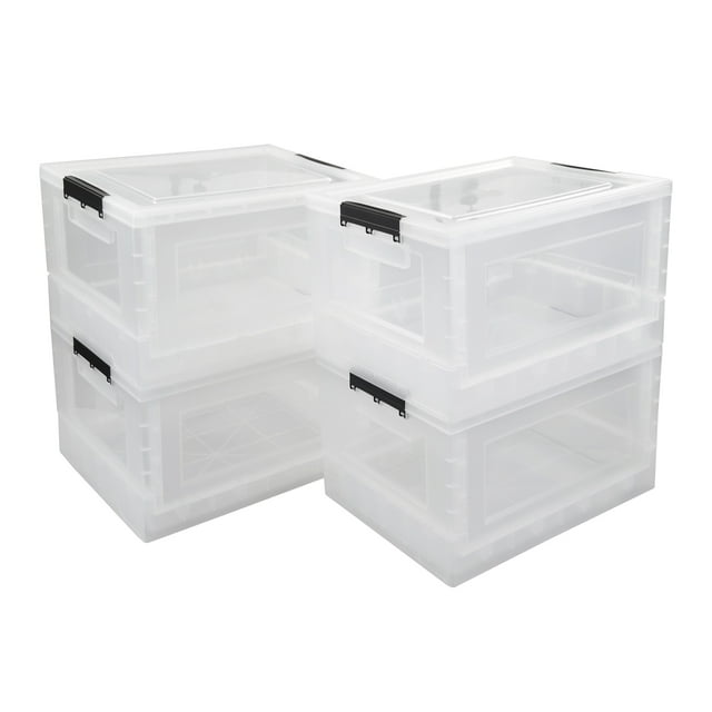 Qskely 4-Pack Foldable Clear Plastic Storage Crate with Handle, 30 L ...