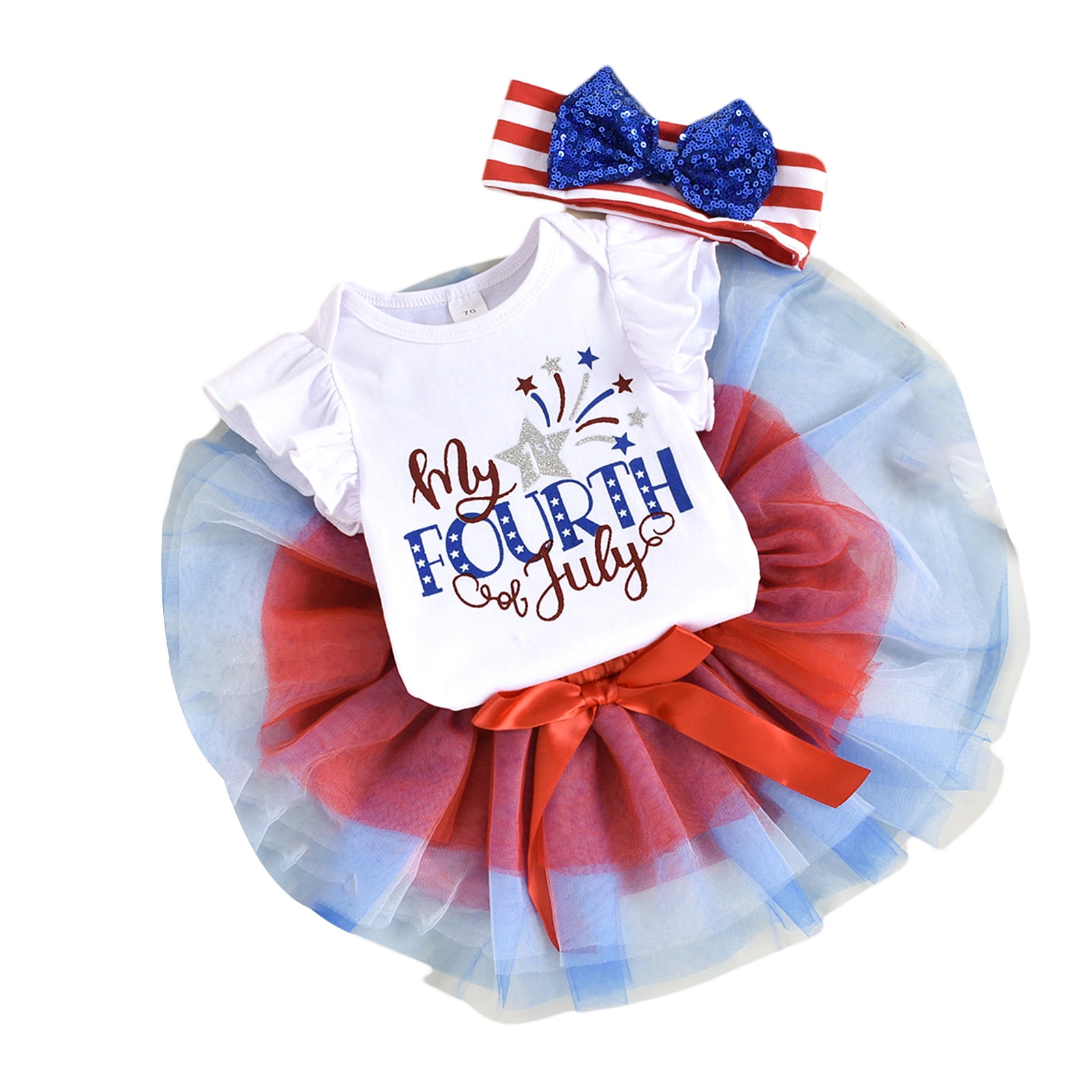 Qtinghua 3Pcs Newborn Baby Girls 4th of July Outfits Star/Flag Print Ruffle Romper+Tutu Skirt ...