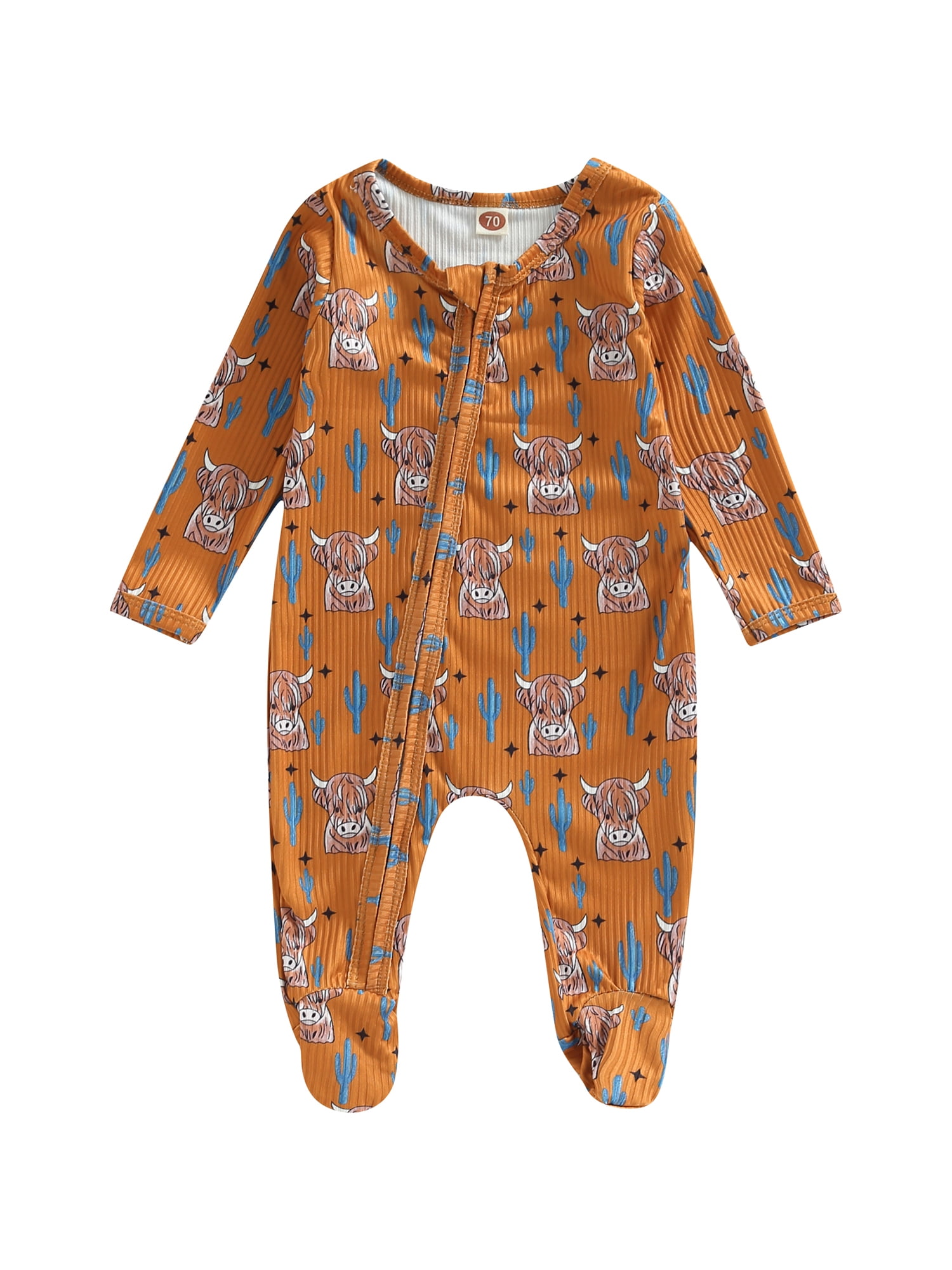 Qtinghua Newborn Baby Boy Girl One Piece Footies Ribbed Zipper Romper Jumpsuit Long Sleeve Cow ...
