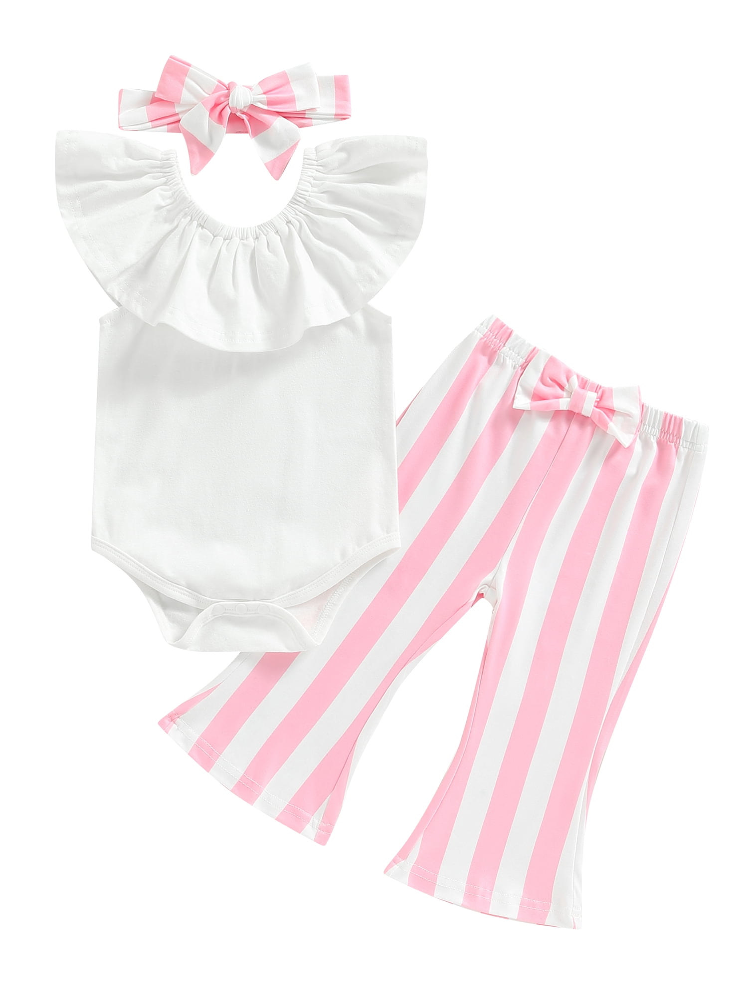 Qtinghua Newborn Baby Girl Clothes Sleeveless Ruffle Romper + Striped/Flower Flared Pants Infant ...