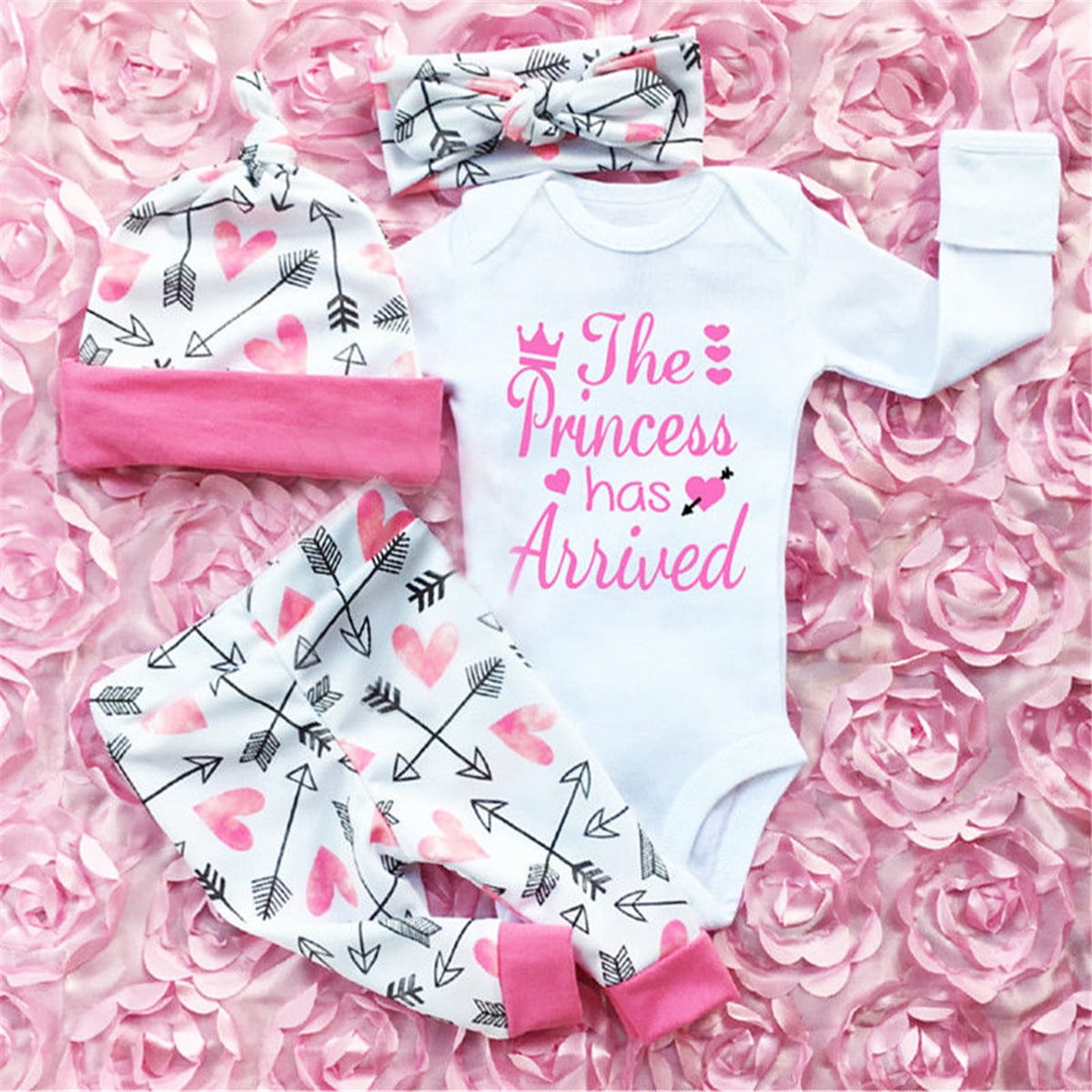 Qtinghua Newborn Baby Girls 4PCS Set: Long Sleeve Cotton Romper, Heart ...