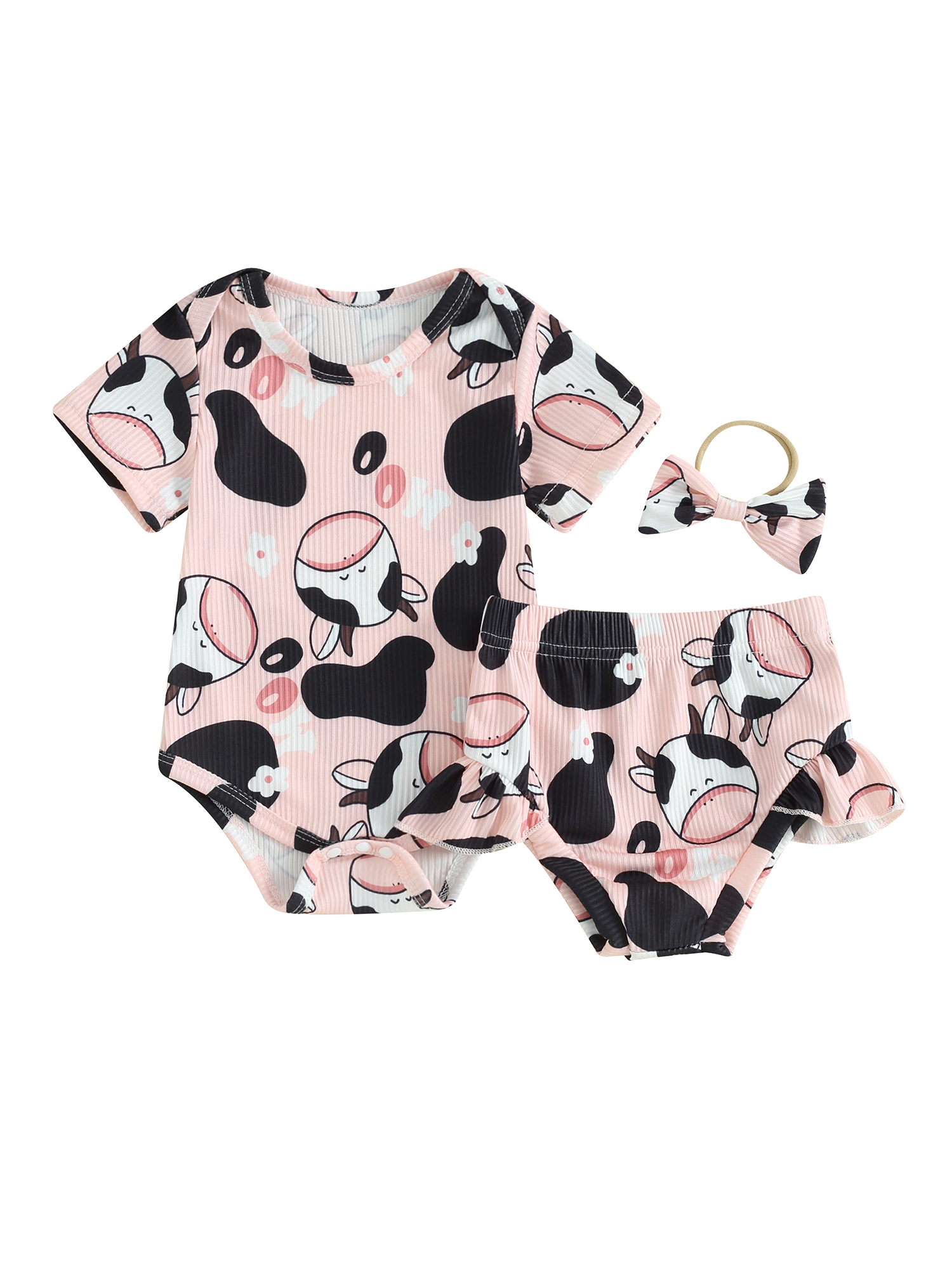 Qtinghua Newborn Baby Girls Summer Outfits Cow Print Short Sleeve Romper with Ruffle Shorts and ...