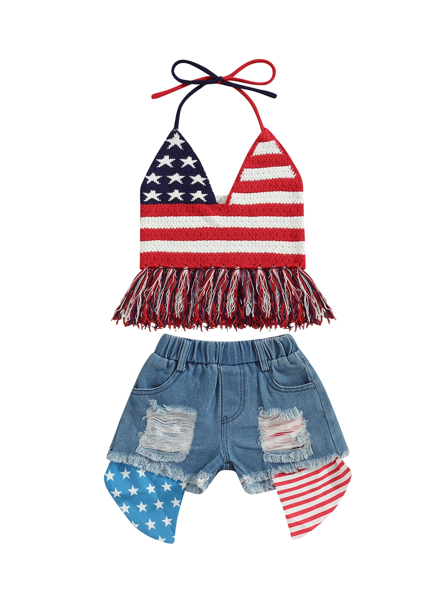 Qtinghua Toddler Baby Girl 4th of July Outfit American Flag Sleeveless Knitted Halter Crop Top ...