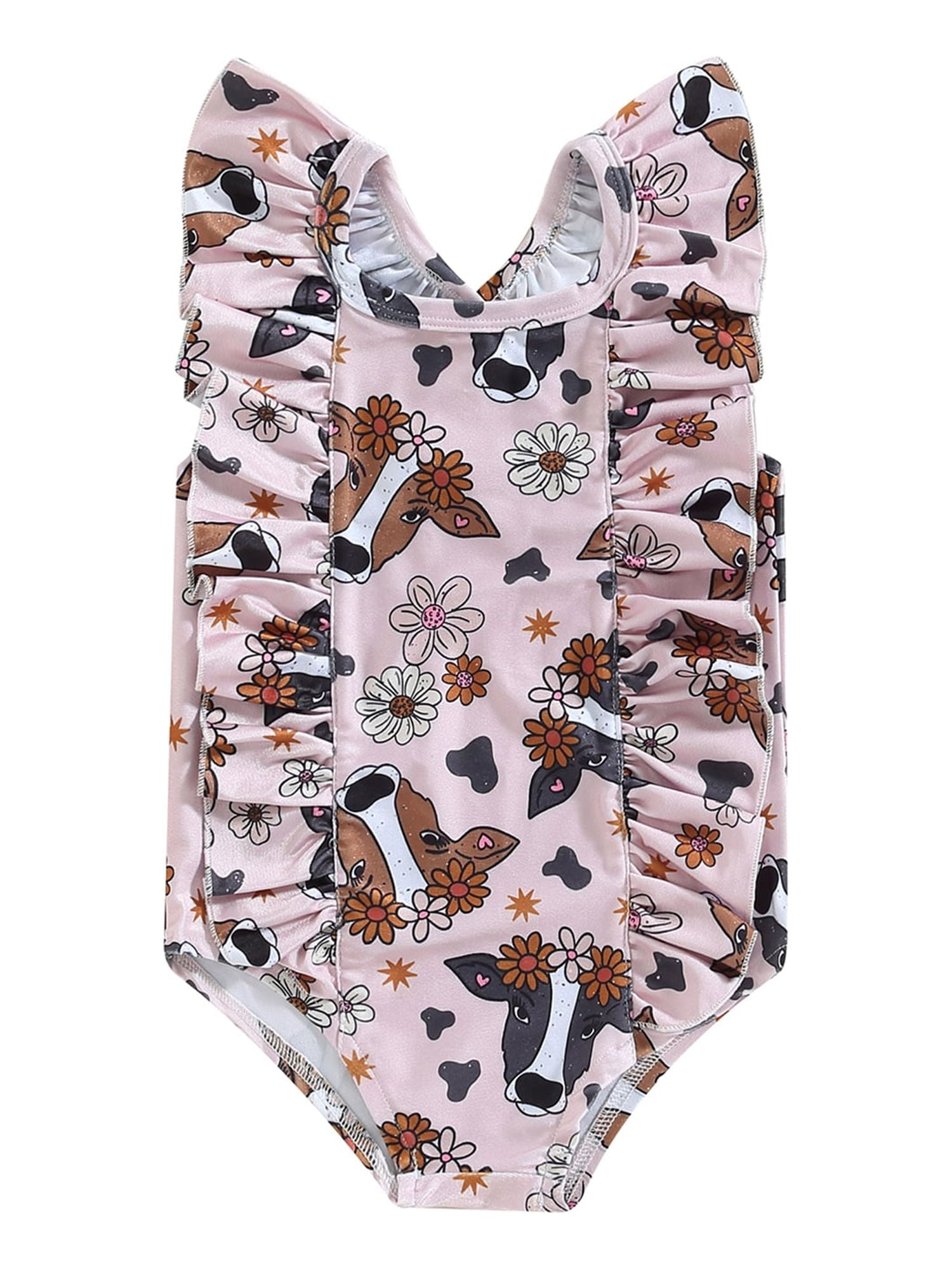 Qtinghua Toddler Baby Girl Swimsuit Cow Print Sleeveless Ruffled Swimwear One Piece Summer ...
