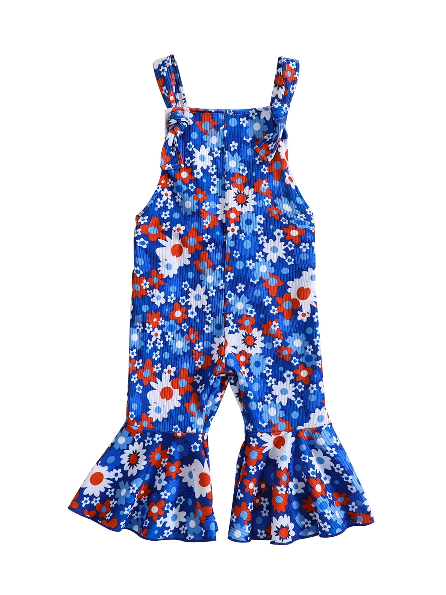 Qtinghua Toddler Baby Girls 4th of July Outfit Floral Print Bell Bottom Overalls Suspender Flare ...